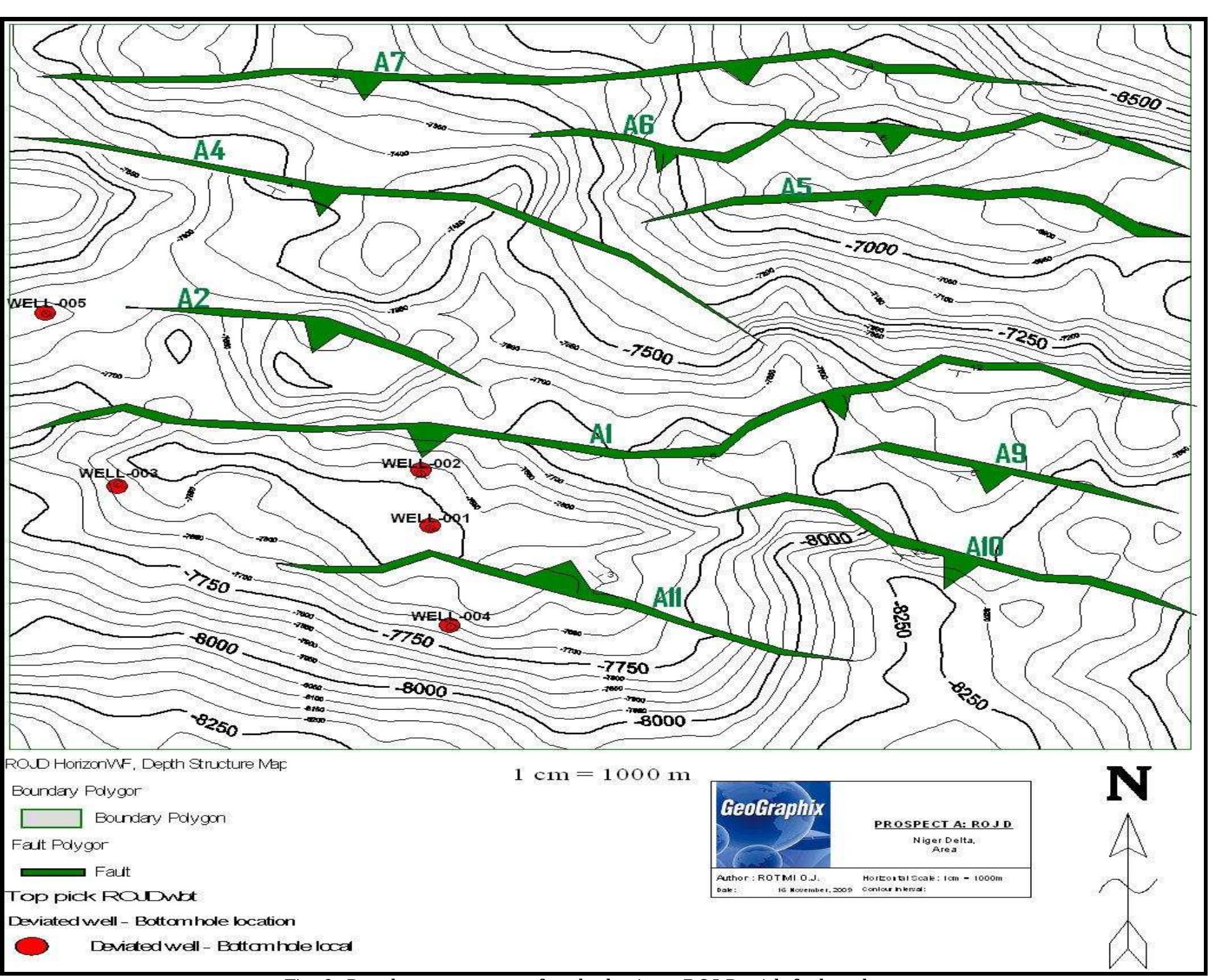 Depth structure map for the horizon roj d with fault