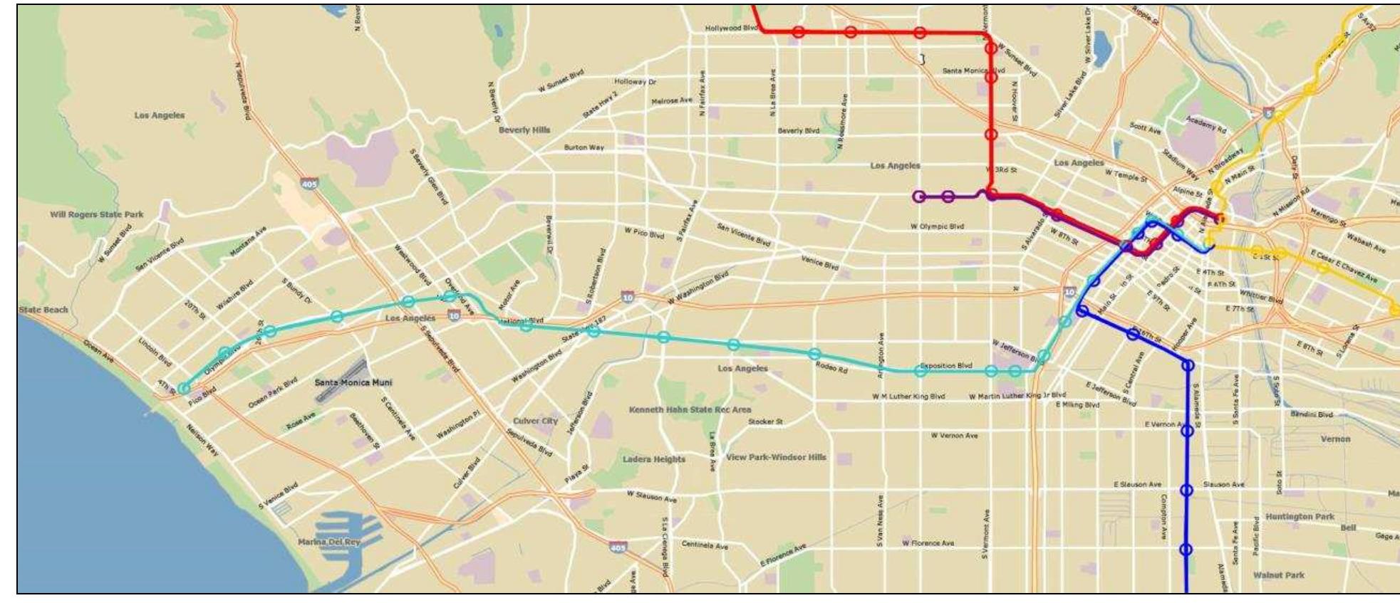 Map of the metro expo line, los angeles, (indicated by the
