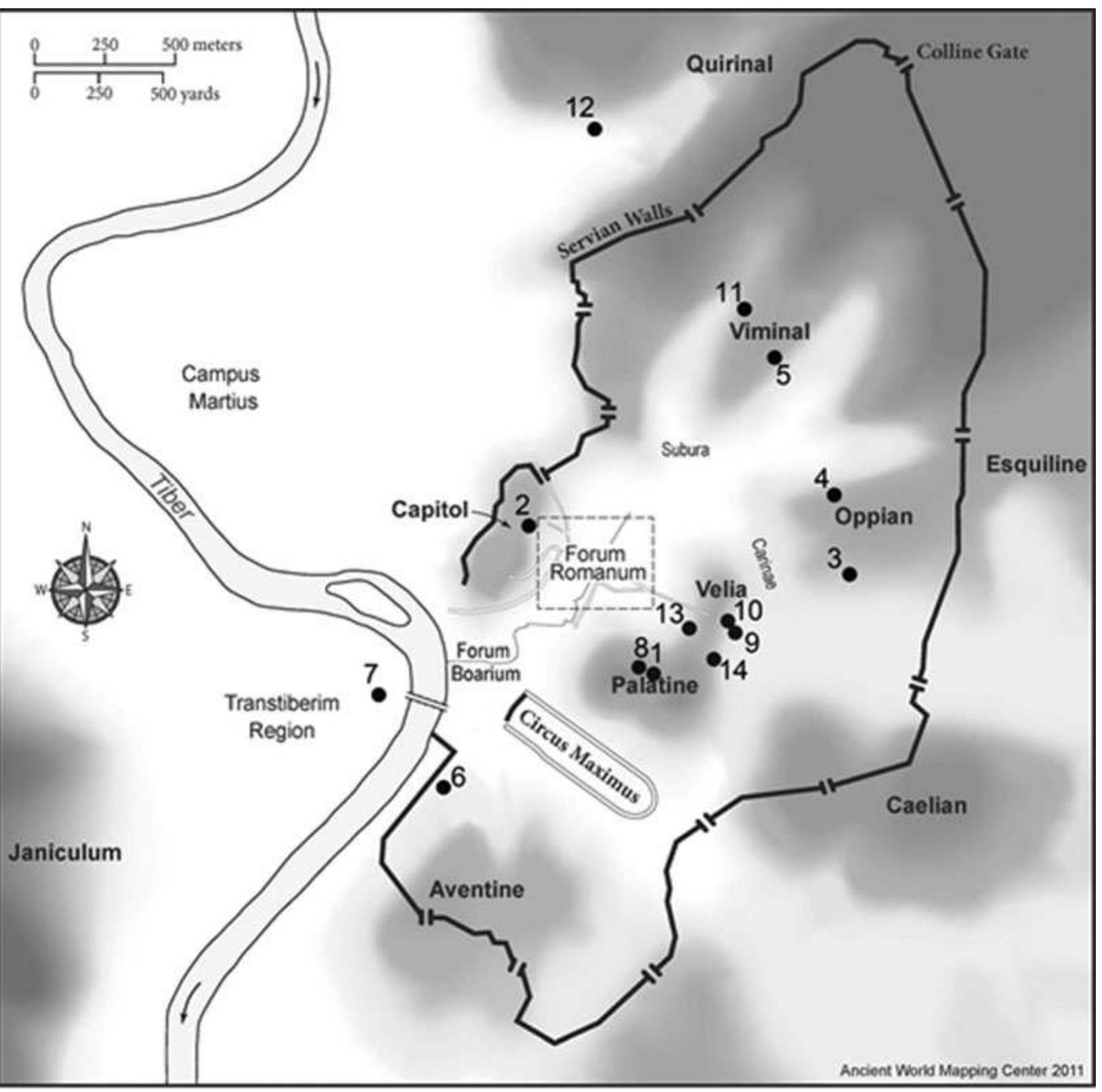 Schematic map of rome showing the location of late