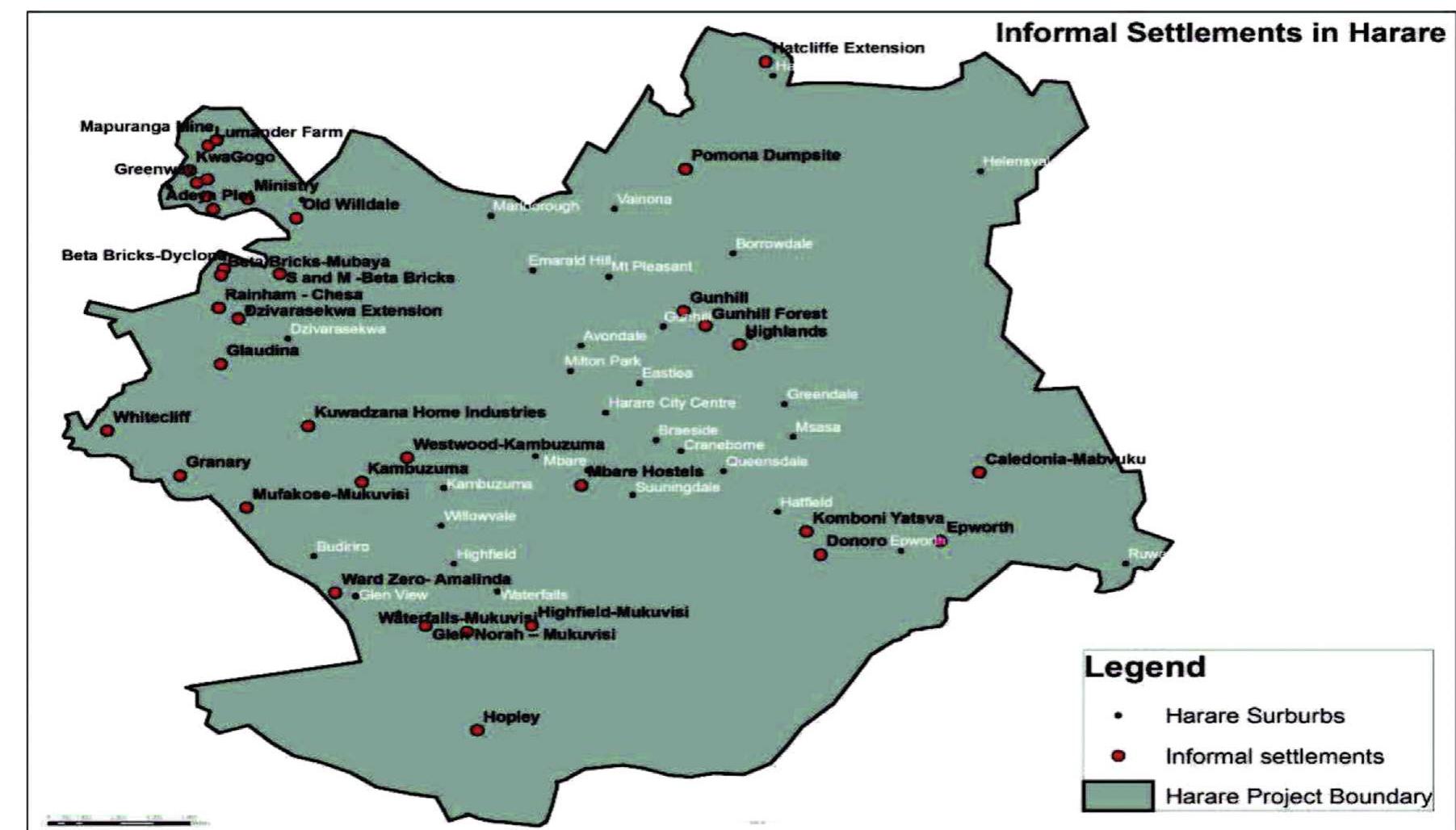 Map showing informal settlements in harare (source, dialogue