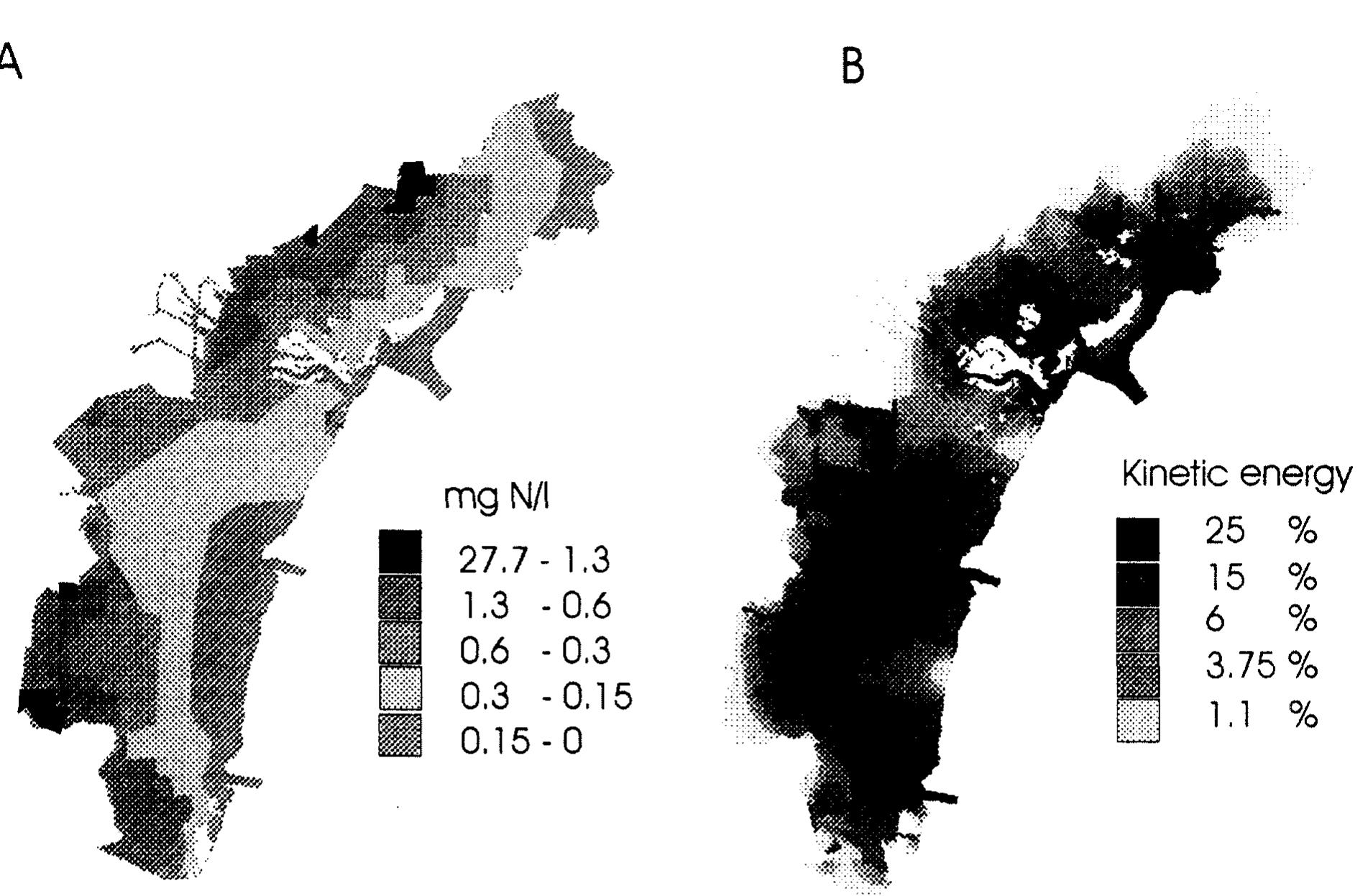 Maps of nitrogen (a) and water kinetic energy (b)