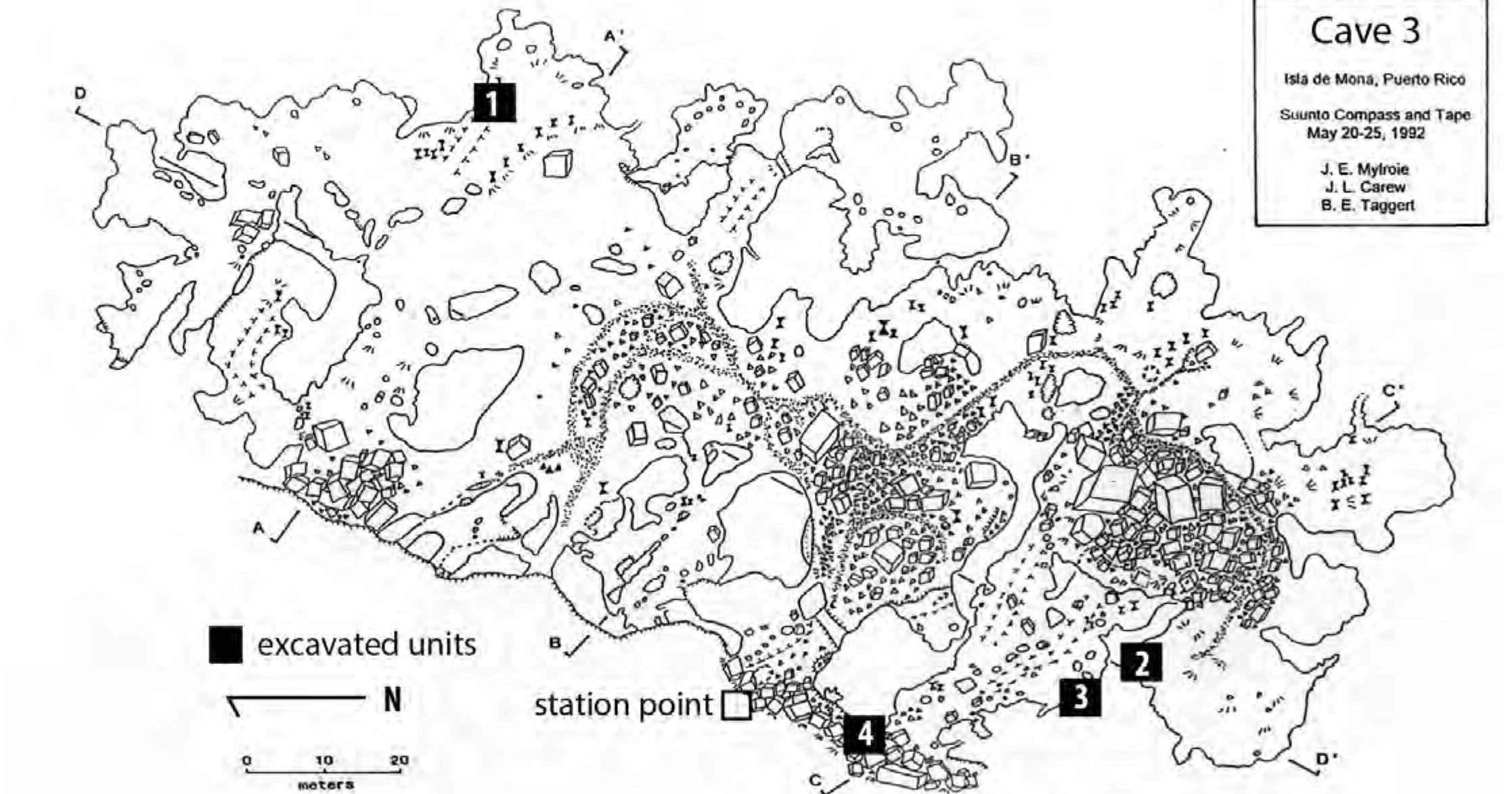 Map of cave 3 showing the location of excavation units 1-4.