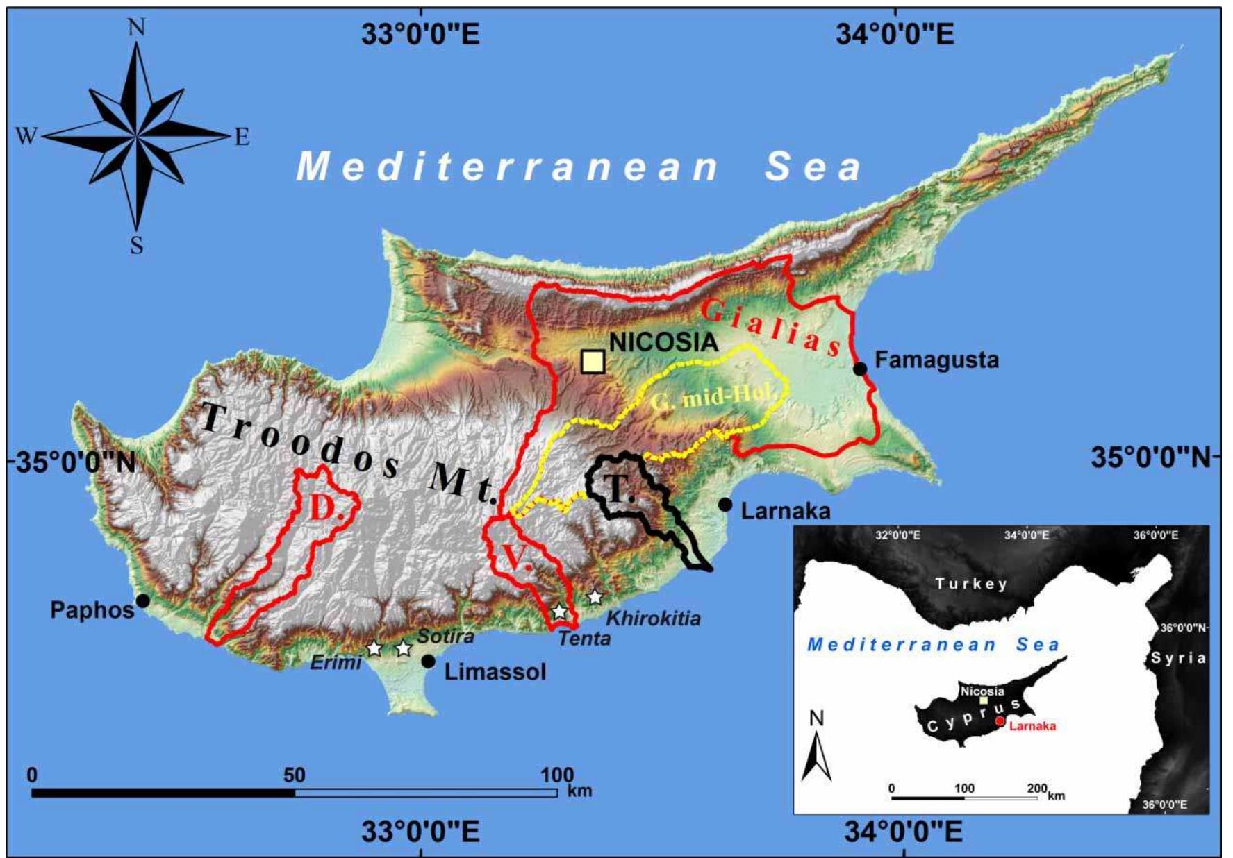 Location map of the tremithos (t.) drainage basin. d.: