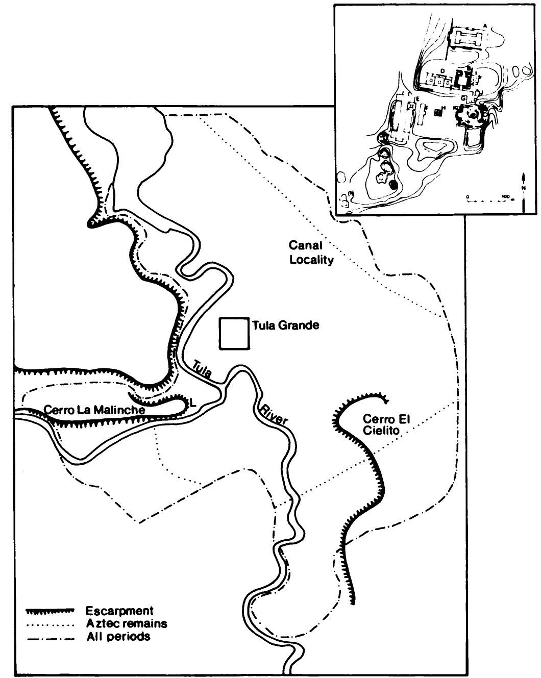 Map of tula in aztec times with inset of plan of tula