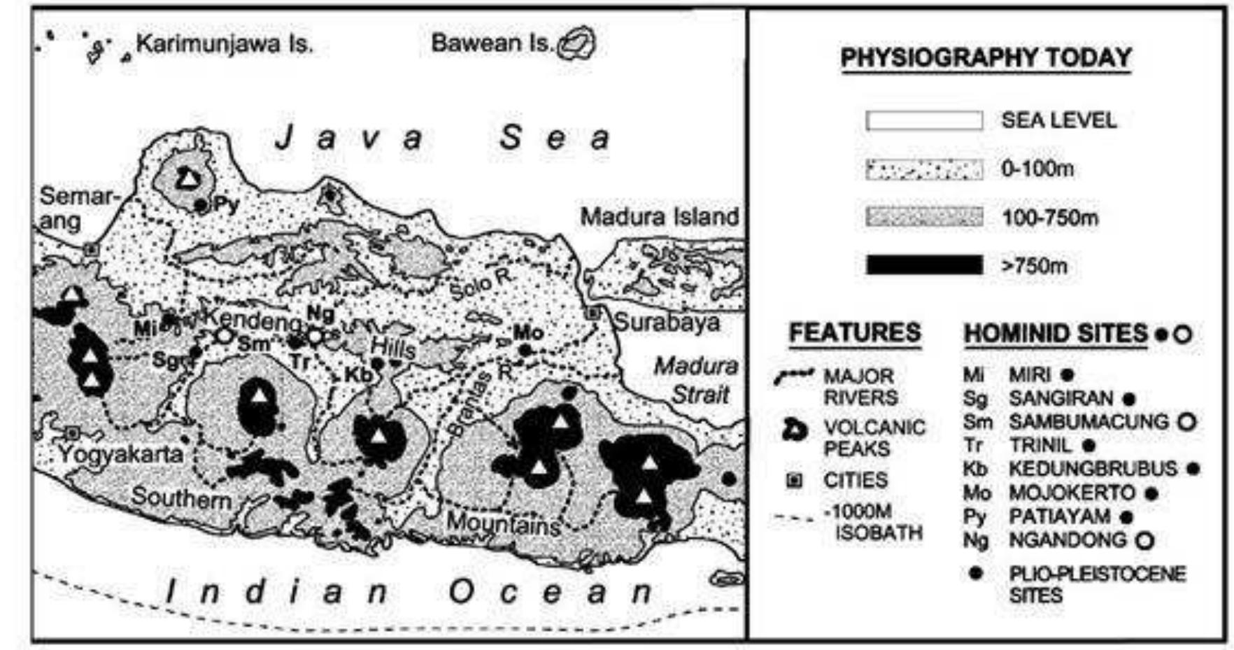Physiographic map of eastern java and location of hominid