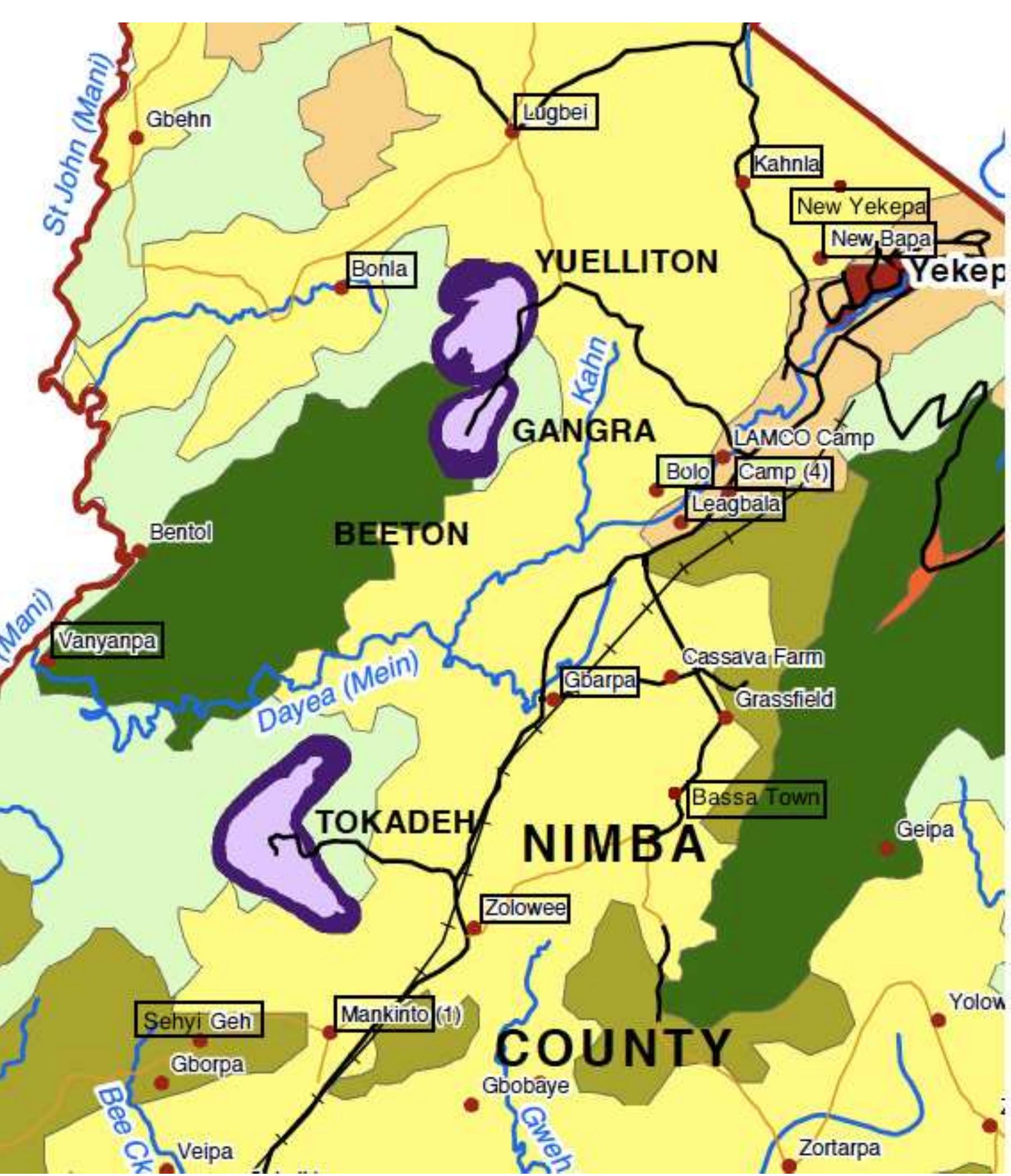 Northern nimba county map of sites surveyed” °” adapted from