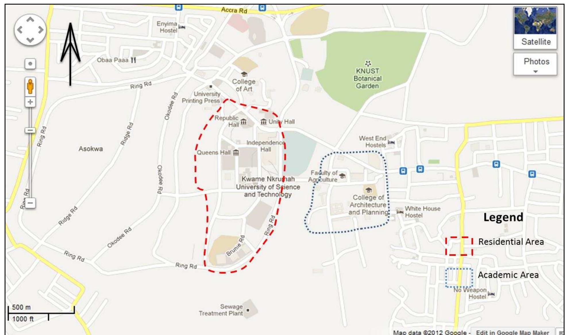 ; satellite map of knust campus from google earth, showing