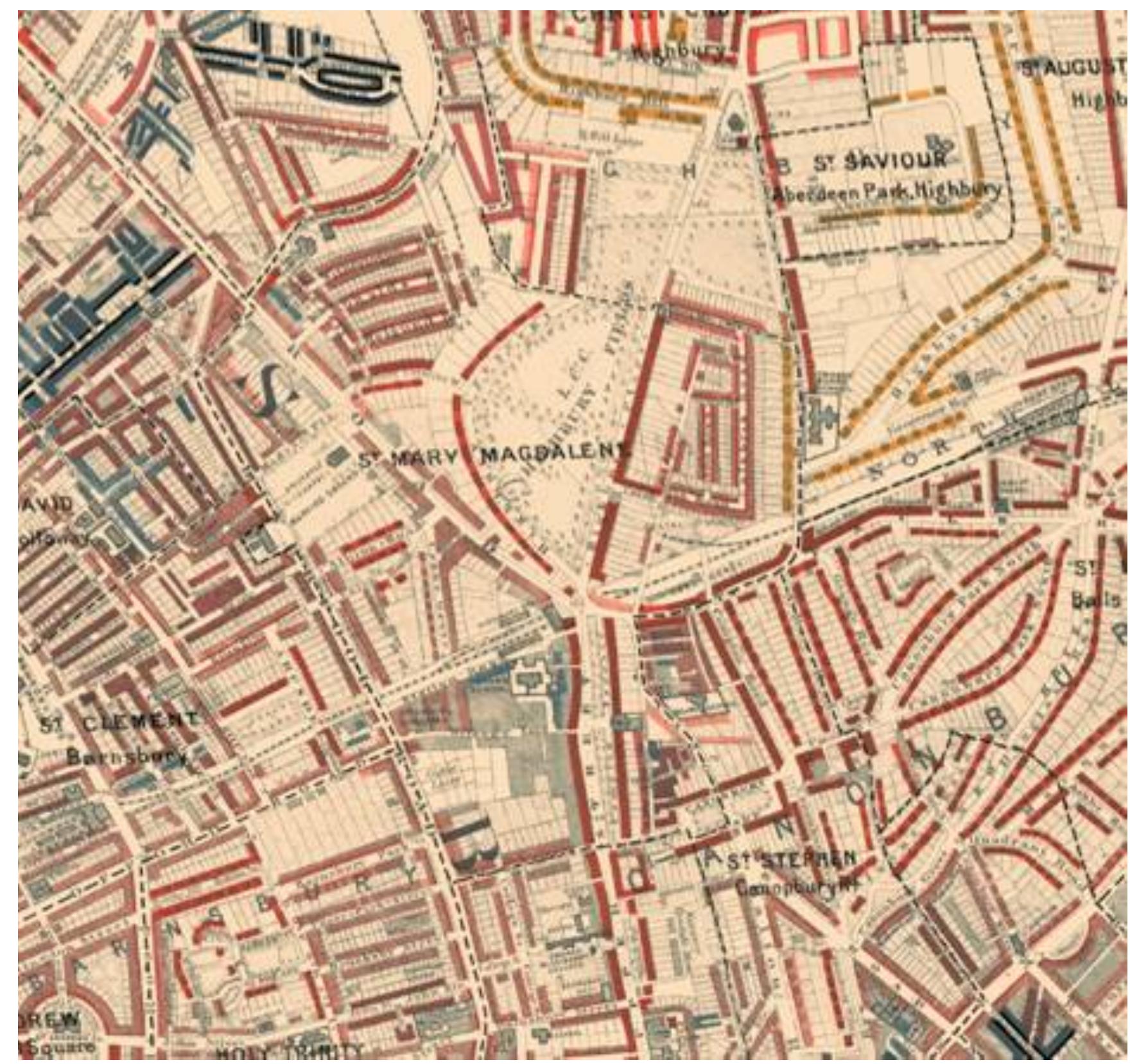 Detail from the 1899 charles booth map of poverty centred on