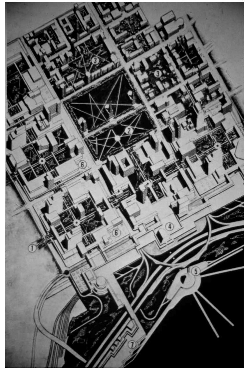 Rotival’s proposal for new haven, 1942, axonometric of