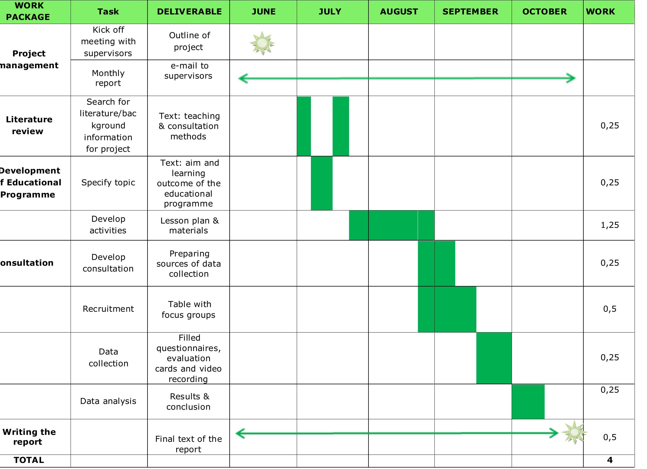 Gantt chart presenting the timeline of the project. tasks