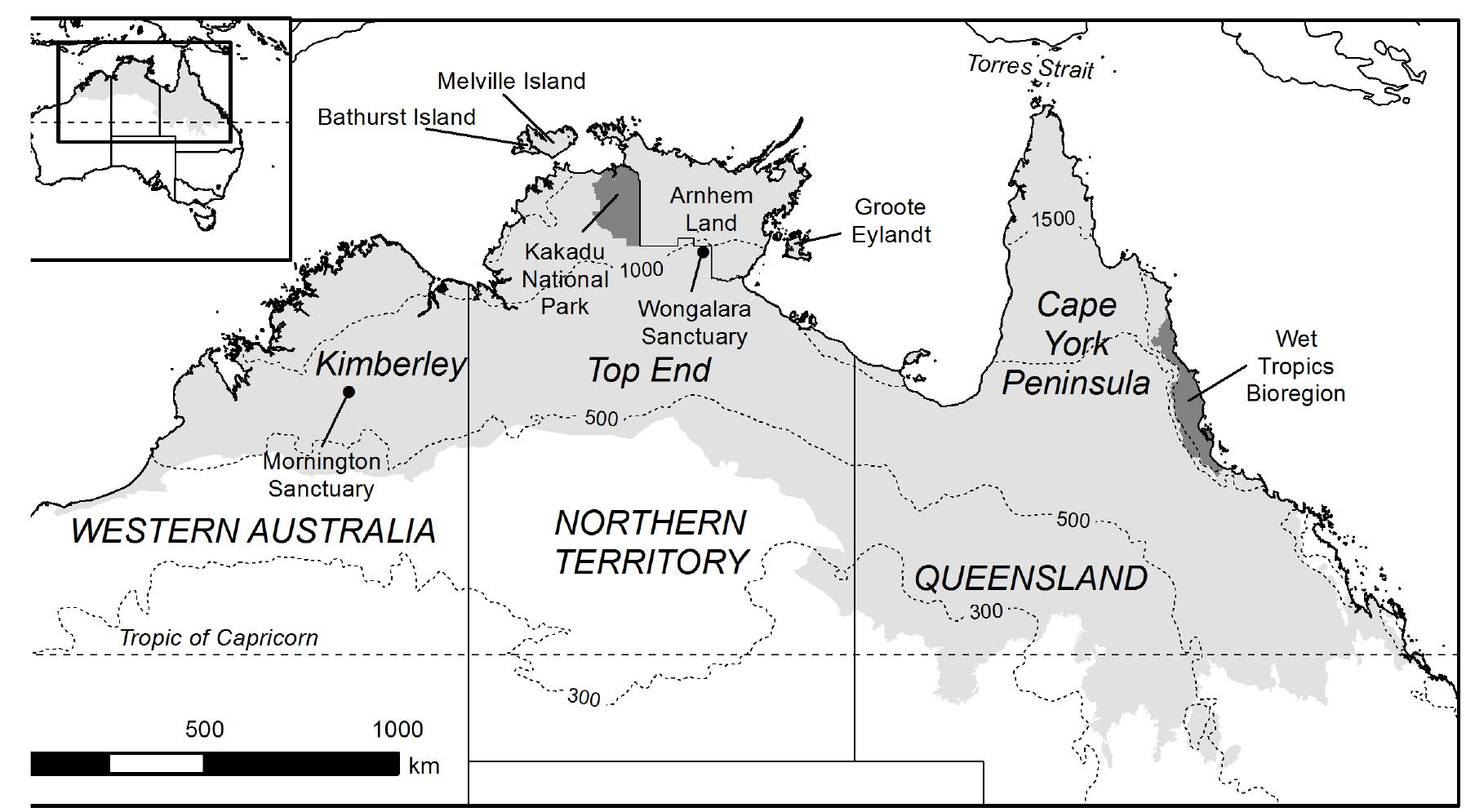 Map of northern australia (pale grey shading) showing places