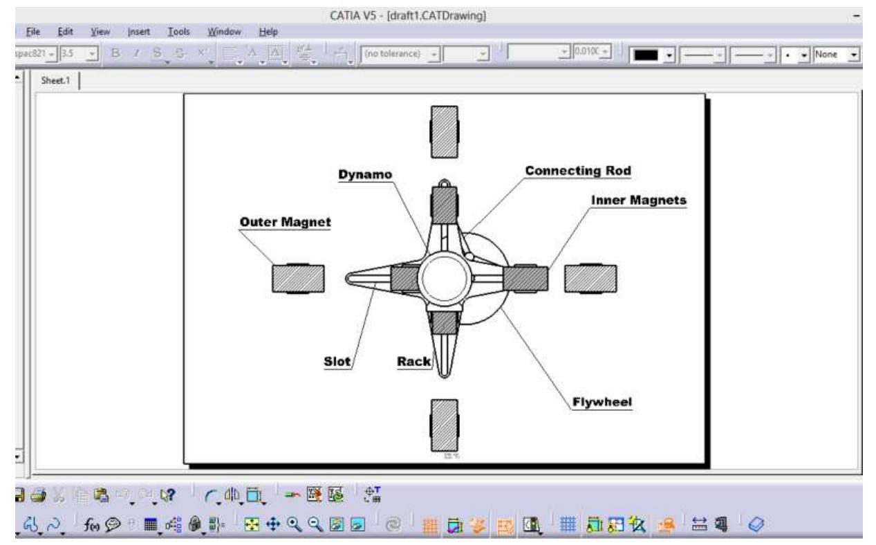 Catia 2-d draft of assembly with name of the components.