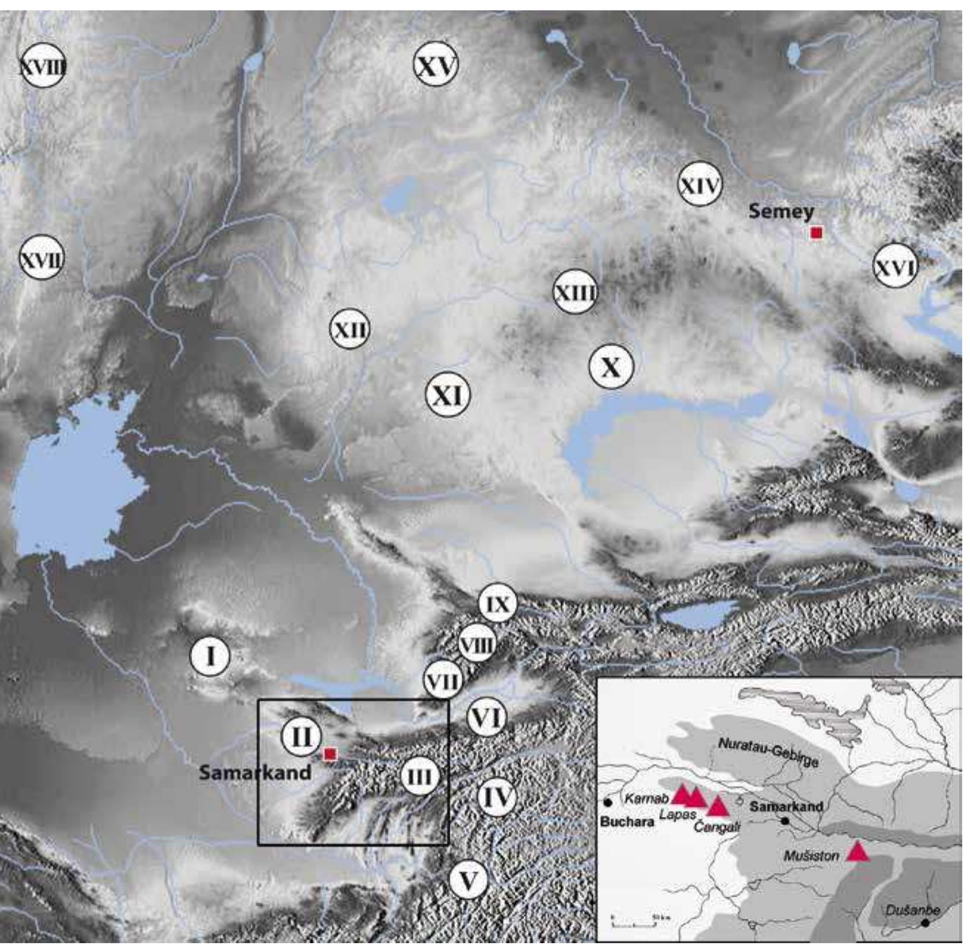 Map of central asia, showing the different mining and
