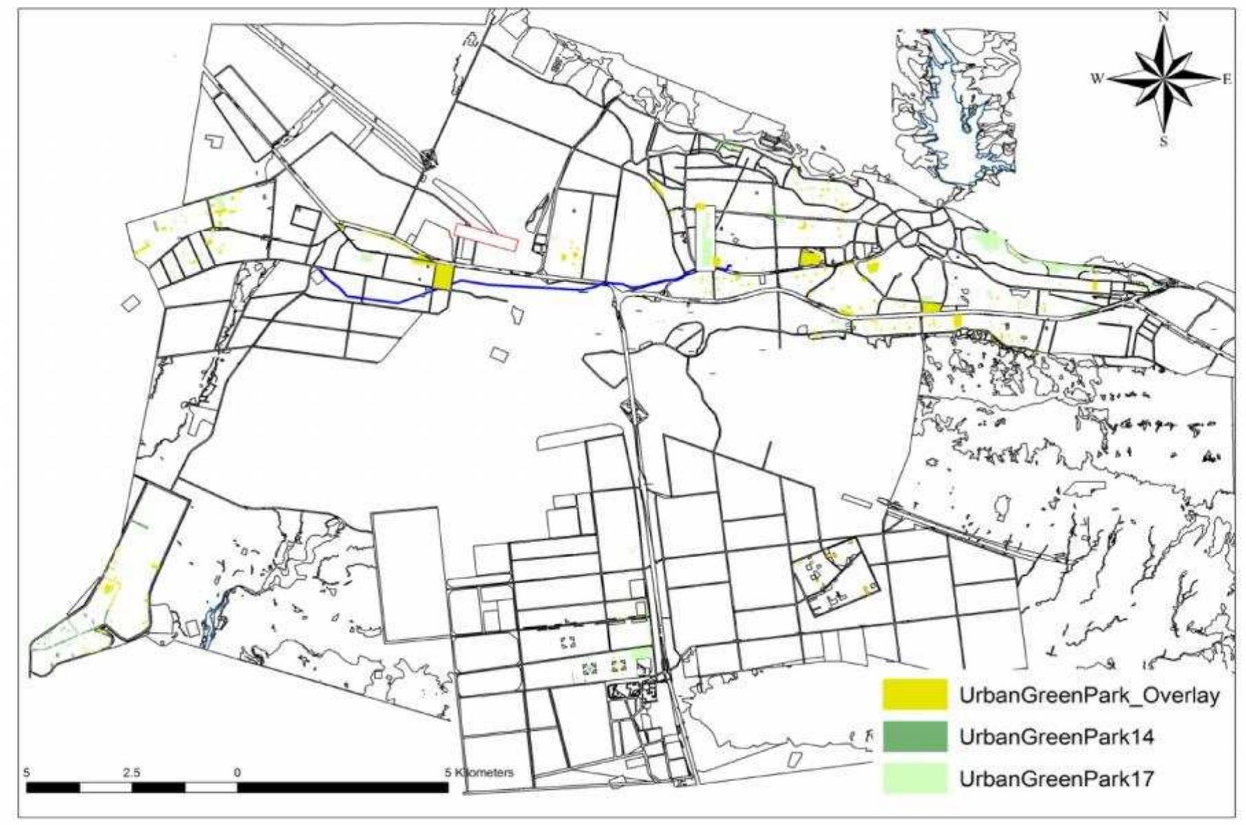 9 grid overlay analysis for urban green park between dm2014