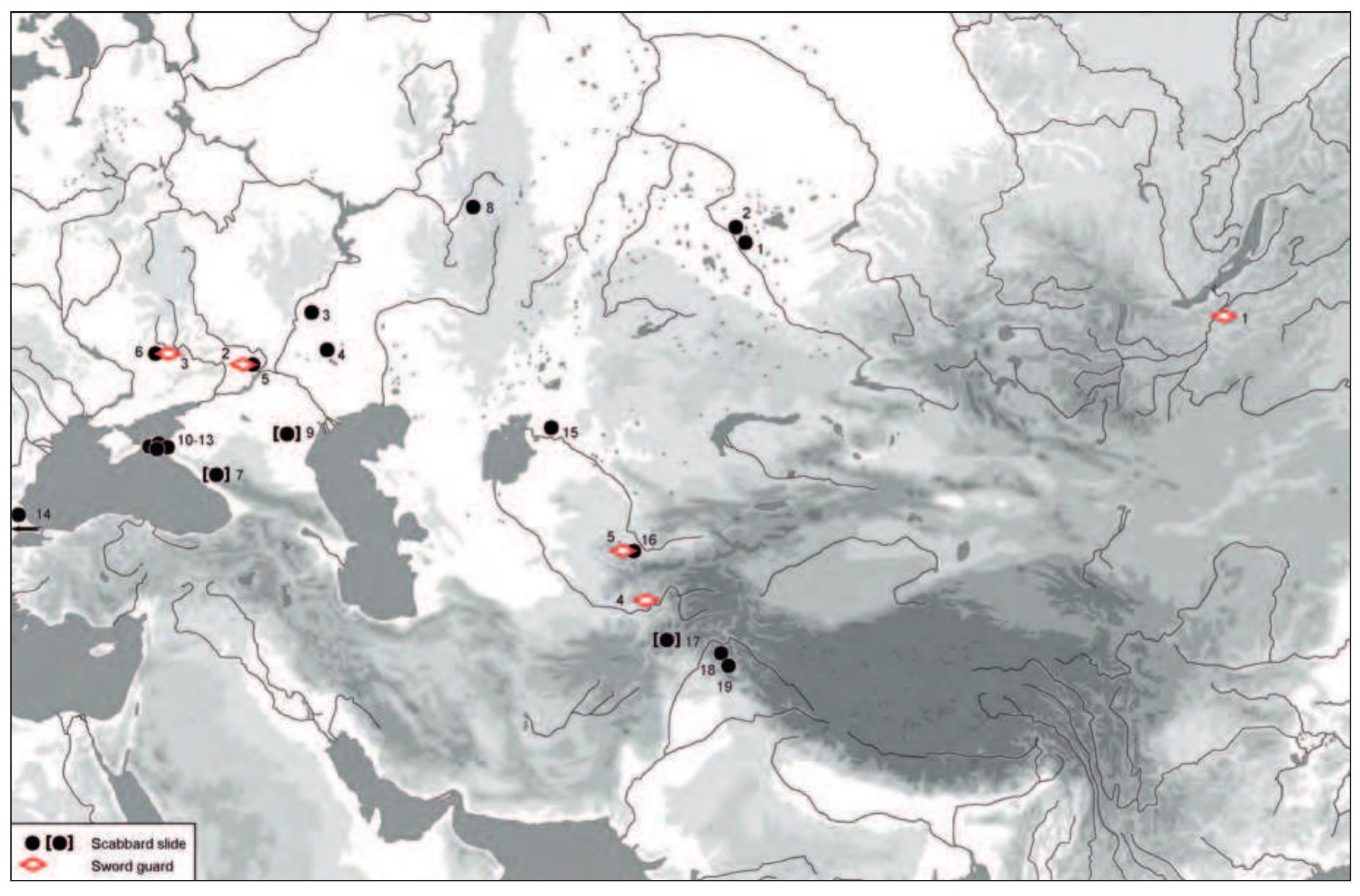 Distribution of nephrite sword guards (numbers refer to list