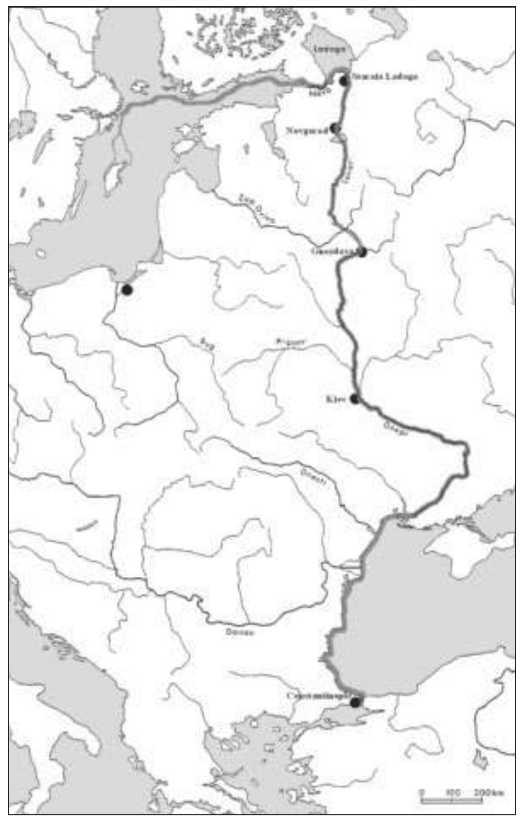 The map shows the road from the varangians to the greeks. it