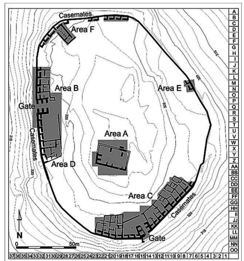 Excavation map of the iron age city of khirbet qeiyafa. the