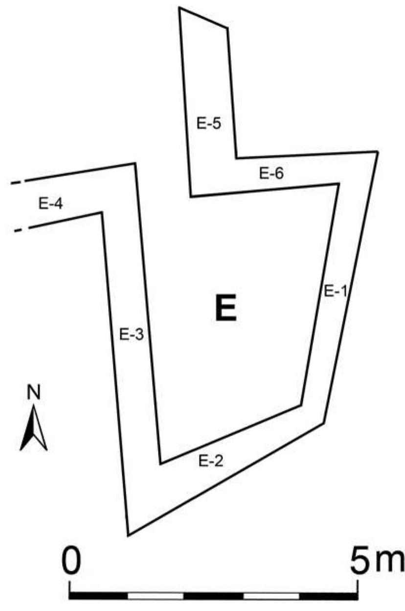 14. edificio e, schematic plan with numbering of walls