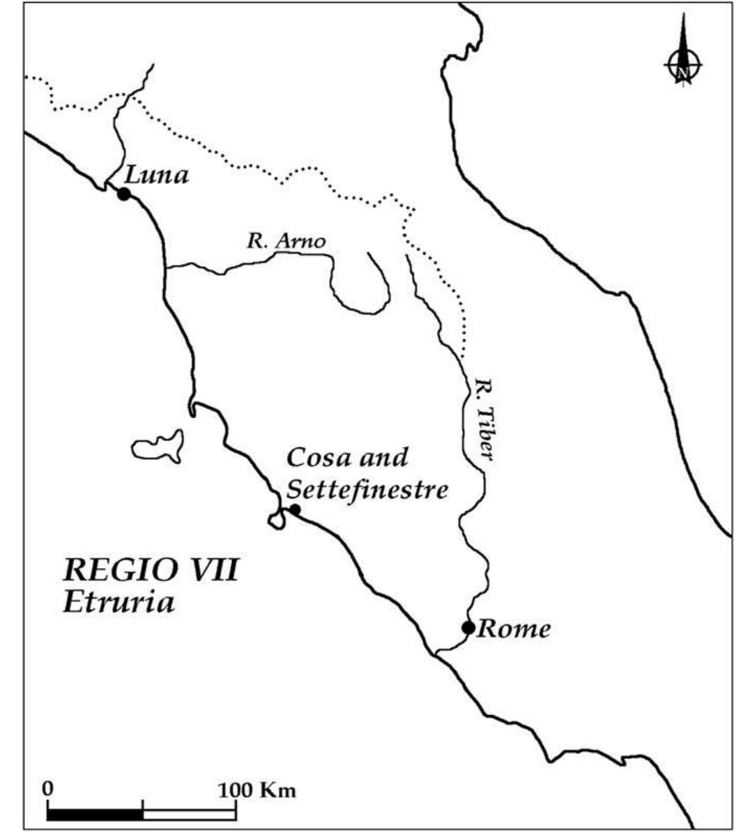 Map of central italy with the location of the archaeological