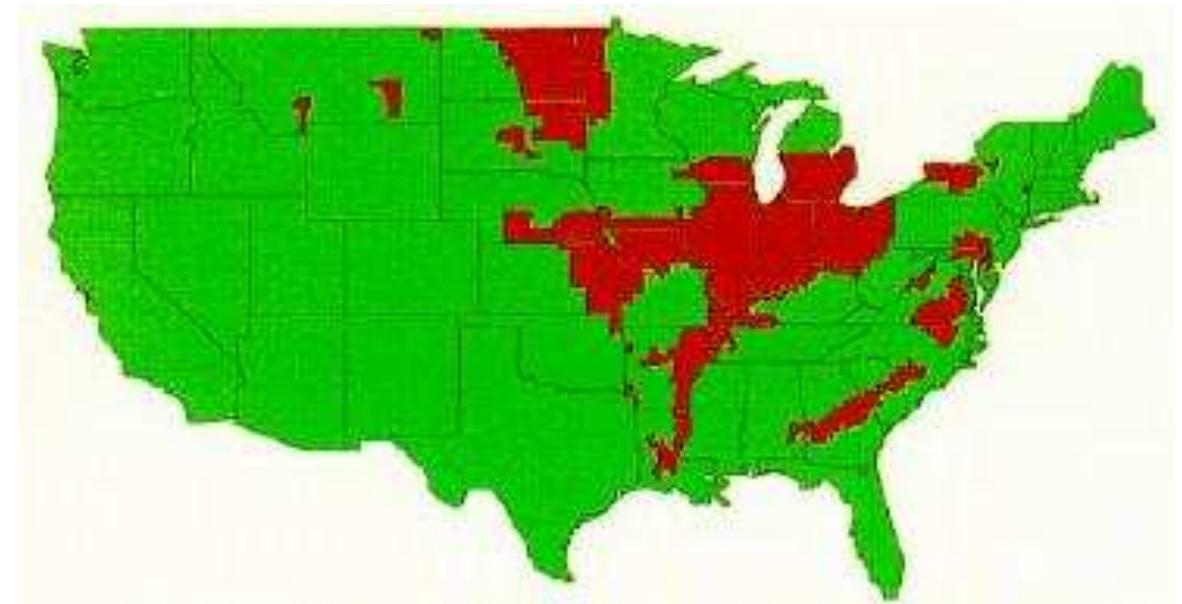 Major outbreaks of fusarium head blight (red) on wheat and