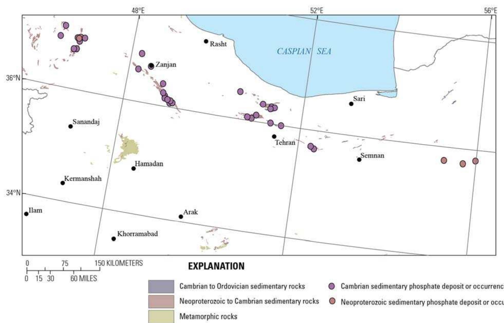 Distribution map of cambrian sedimentary phosphate deposits