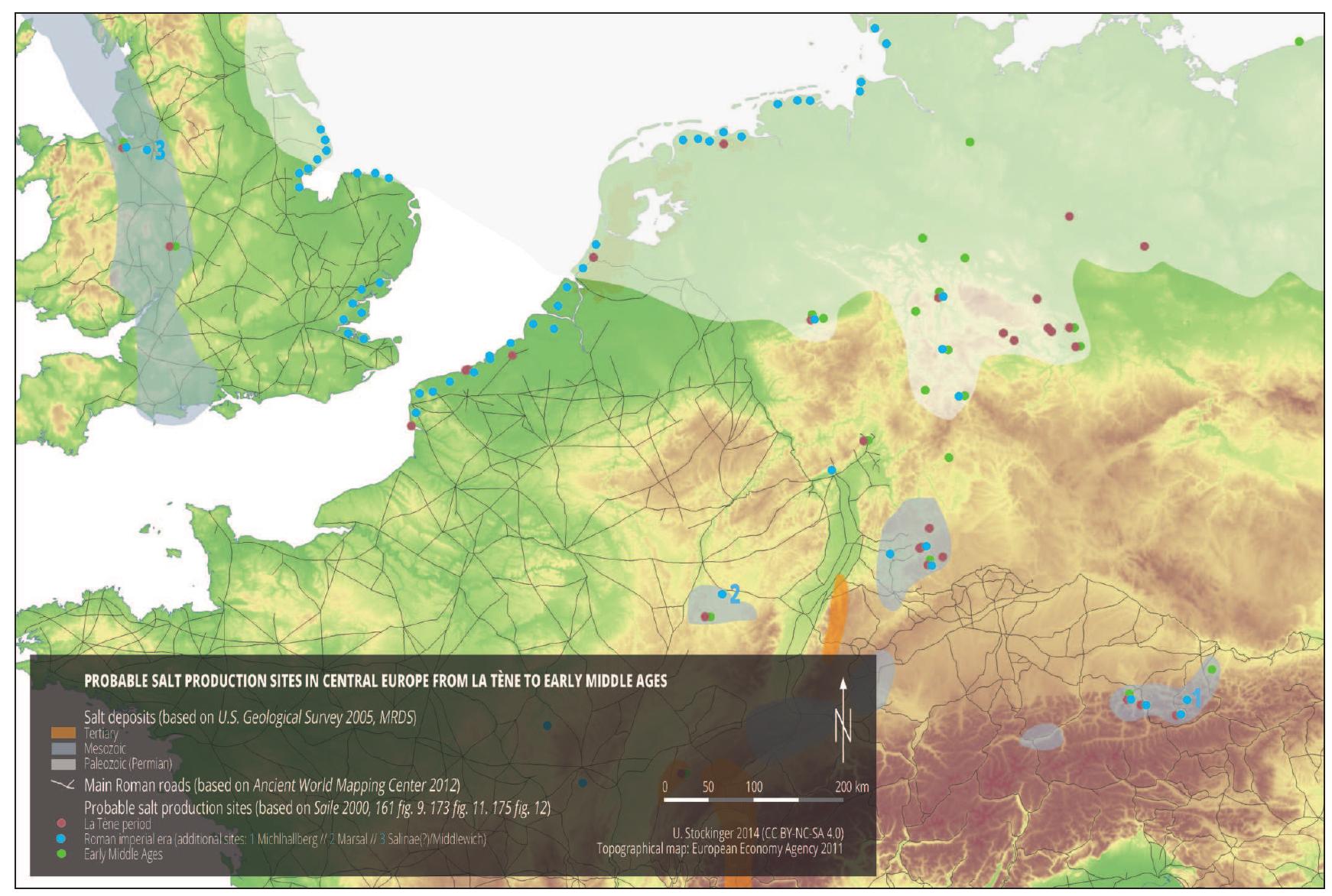 Map of central europe with probable salt production sites