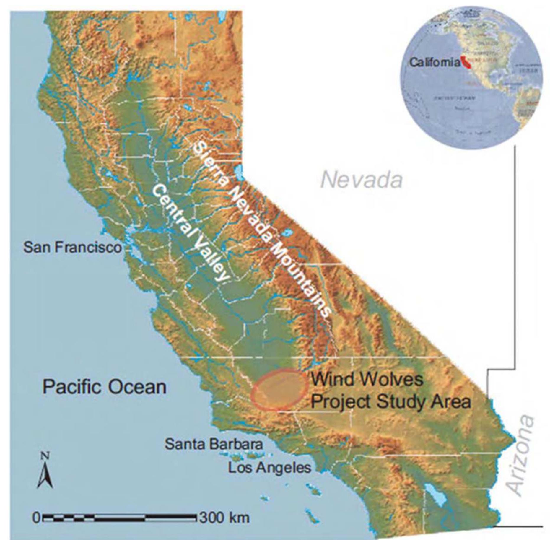 Map showing the location of the wind wolves preserve in