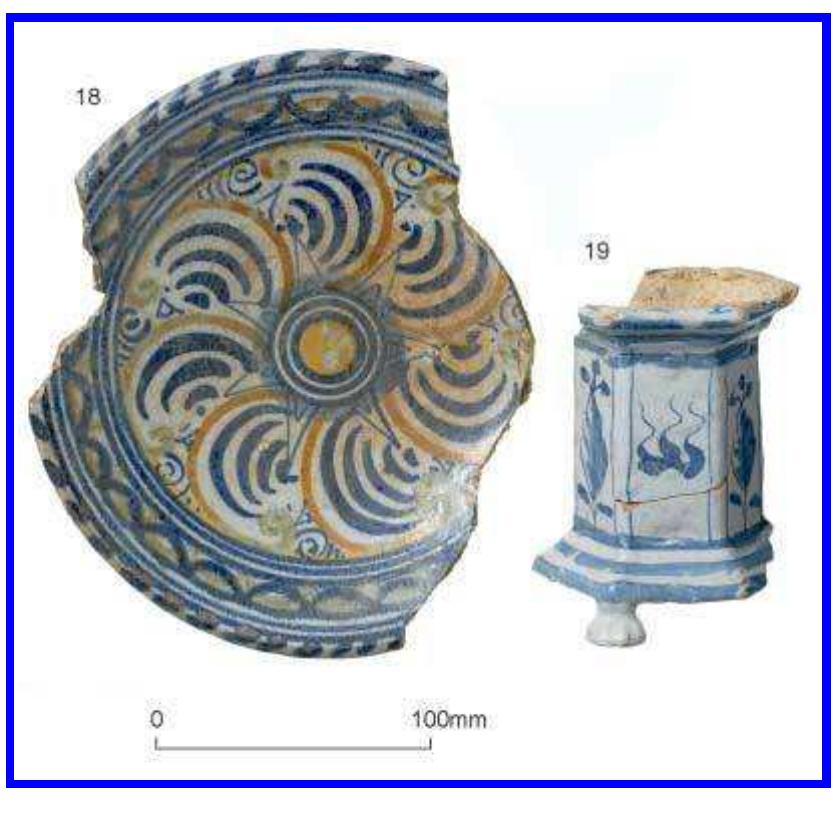 London delftware charger 18 (left); dutch delftware salt 19