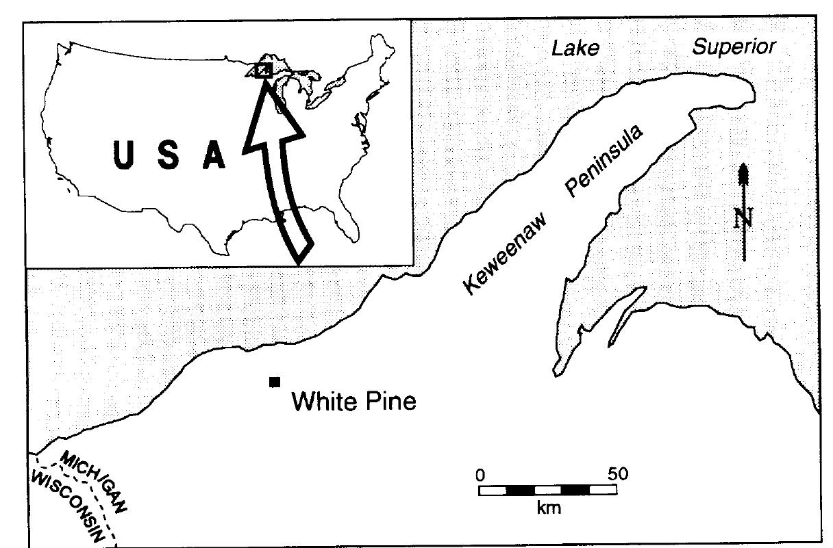 | map showing the location of white pine and the keweenaw