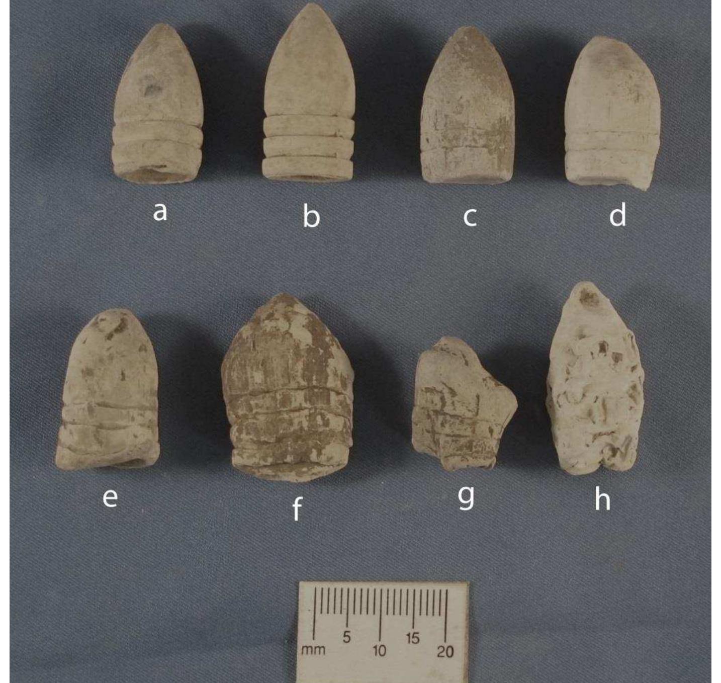 Conical bullets and minié balls, a, b. .54-caliber unfired