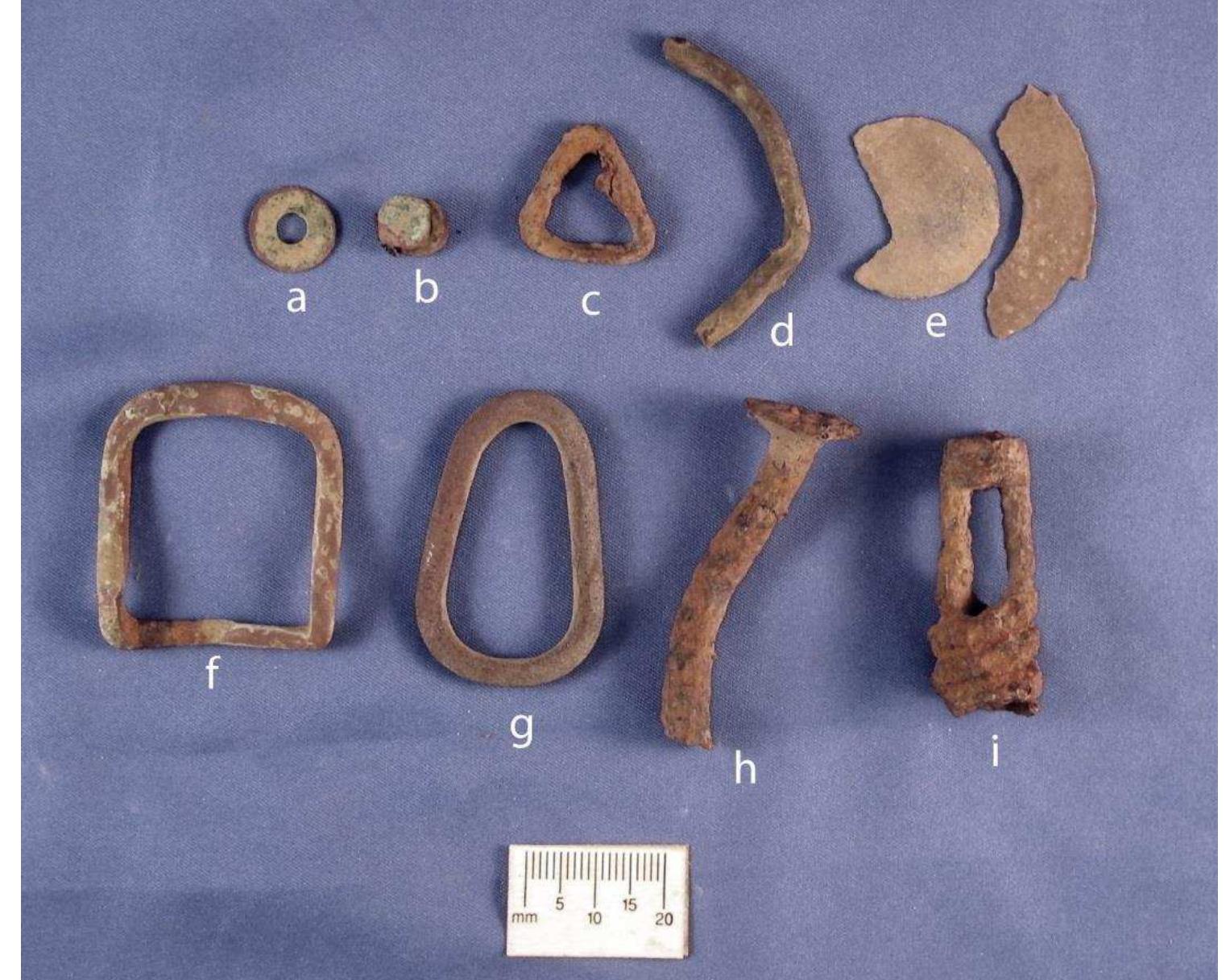 Miscellaneous artifacts, a. brass rivet burr (fs17), b.