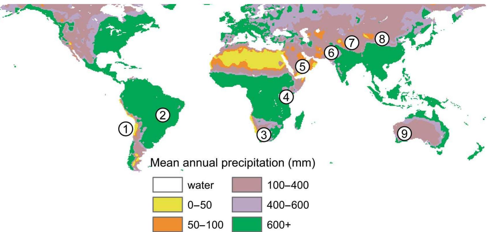 Map of rainfall regions of the world, with numbers