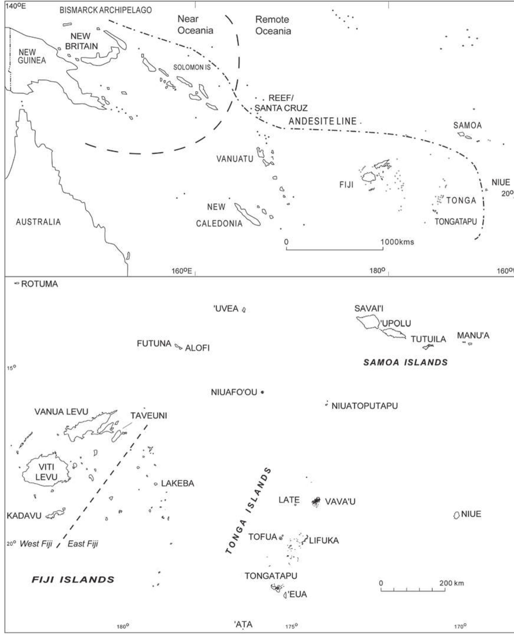 Map of the west and central pacific (top) and fiji-west