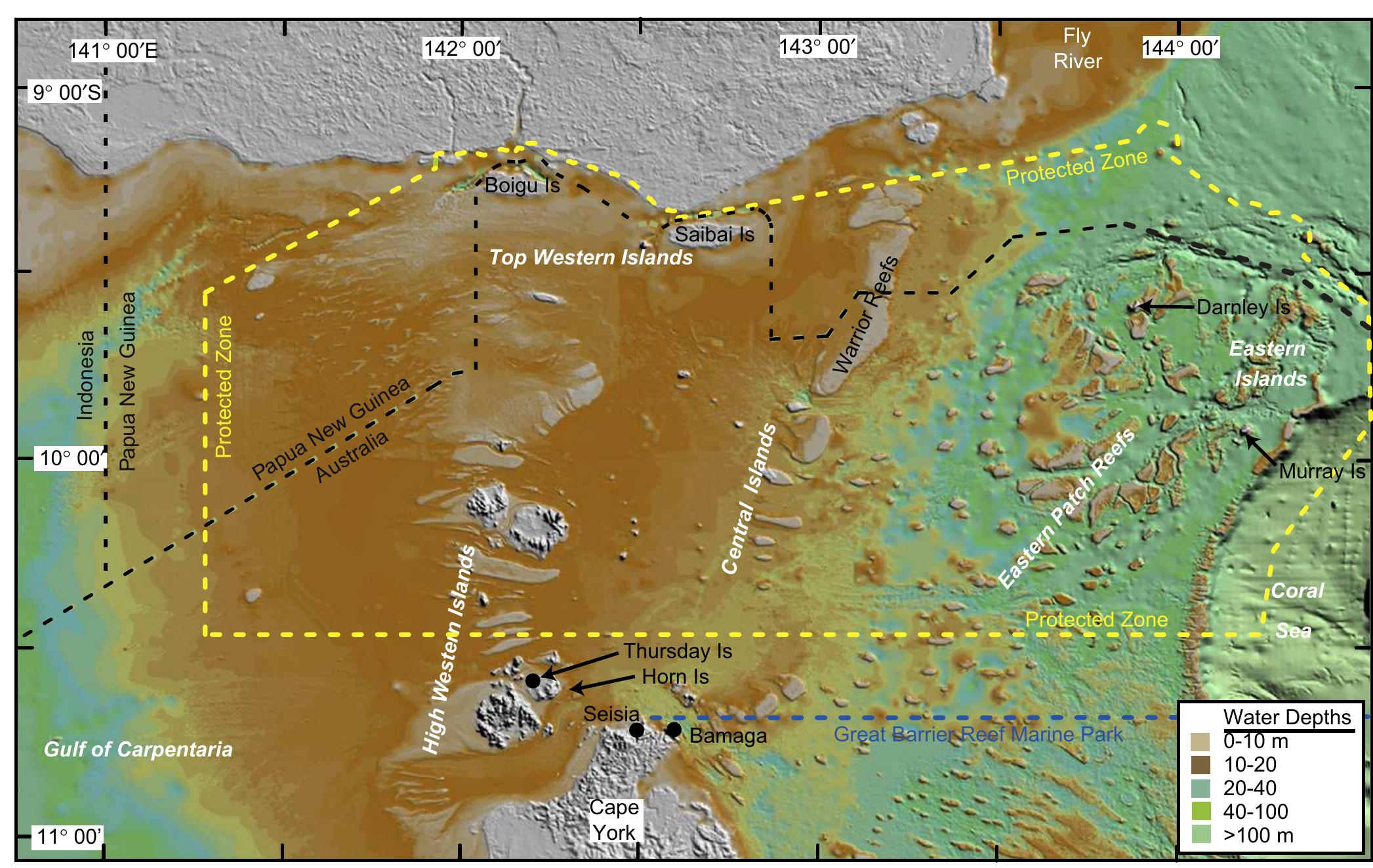 False colour bathymetric map of the torres strait region