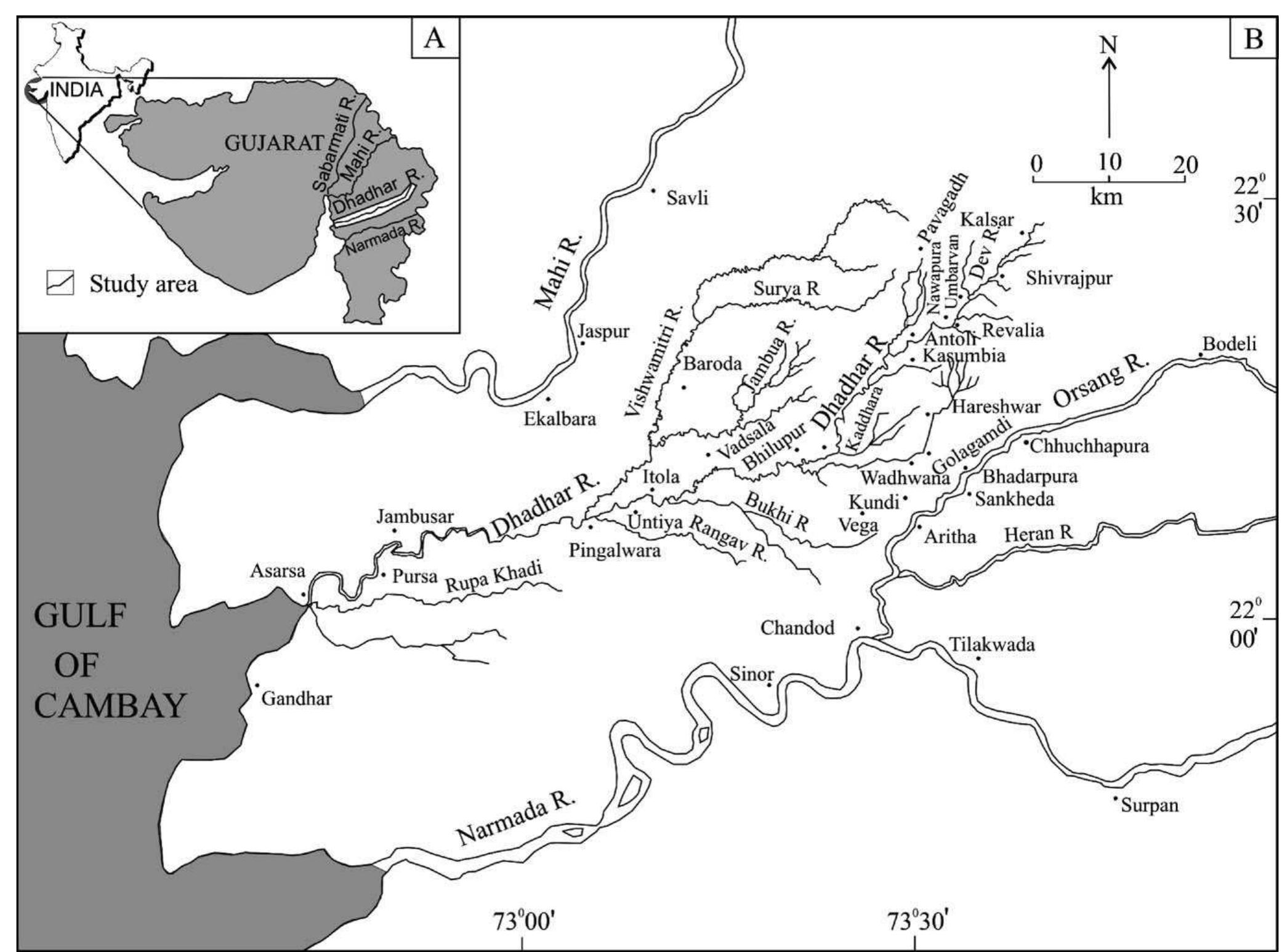 Map of the study area showing dhadhar and adjoining rivers.
