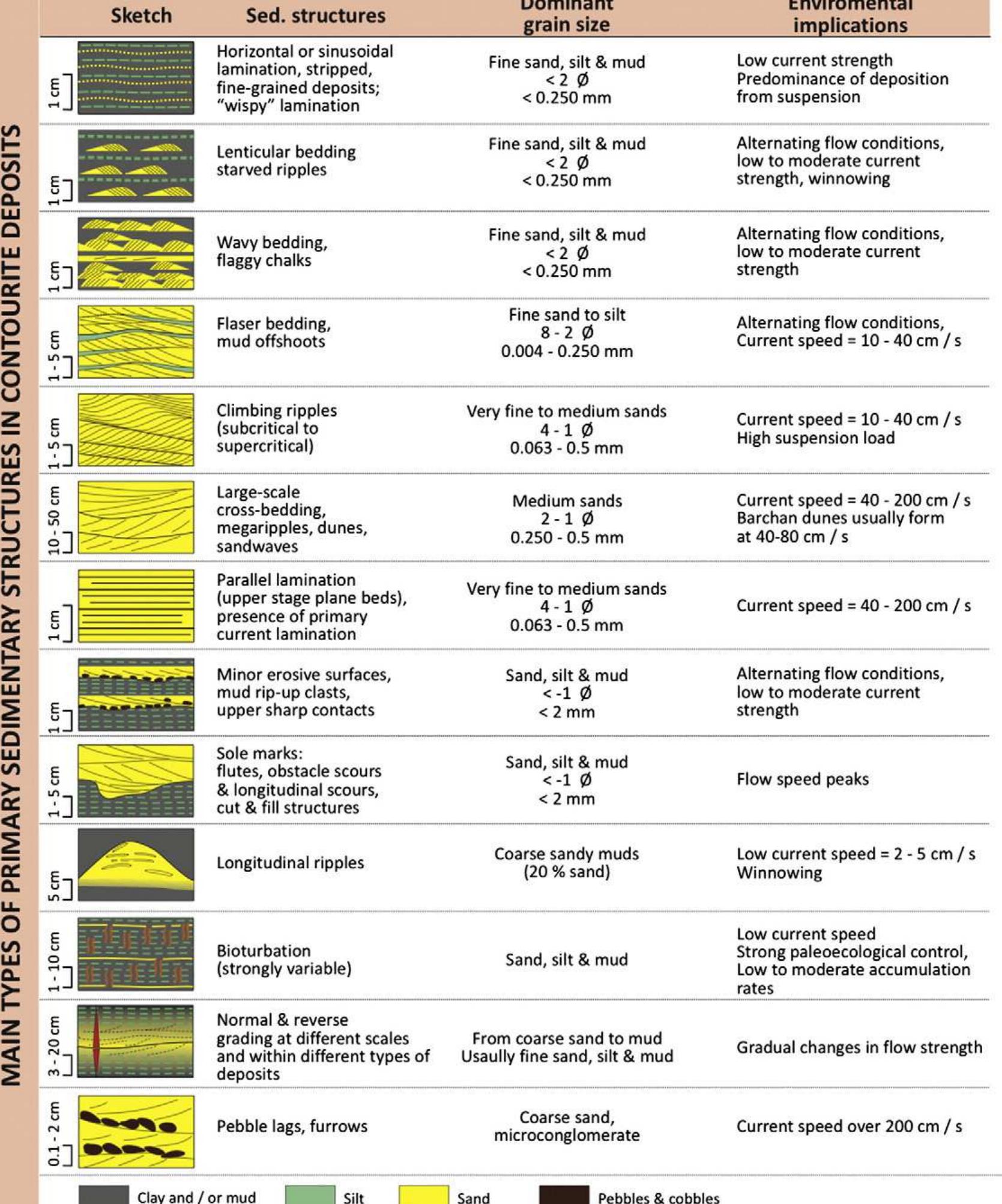 Main types of sedimentary structures in contourite deposits.