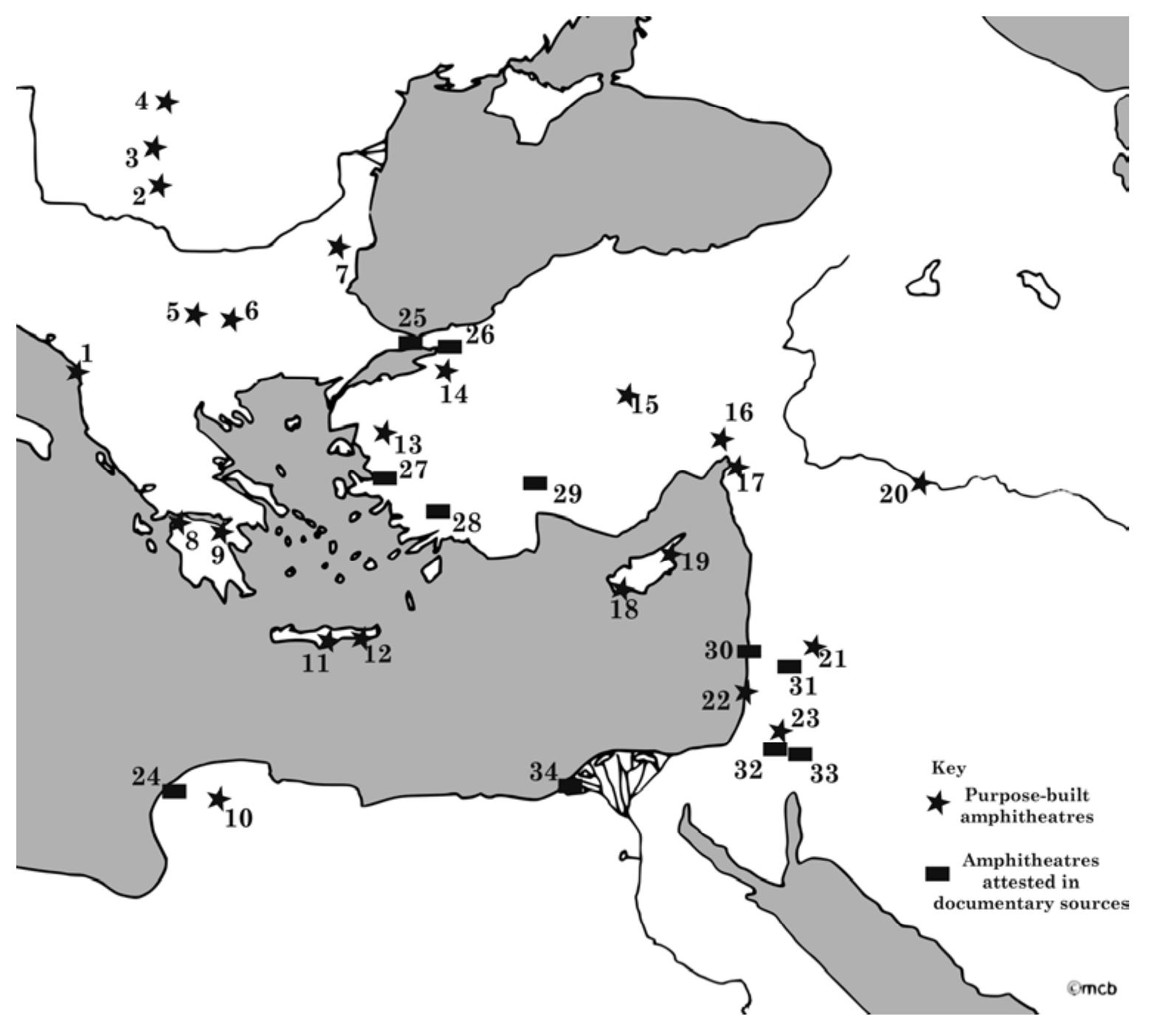 1 map showing the location of amphitheatres in the roman