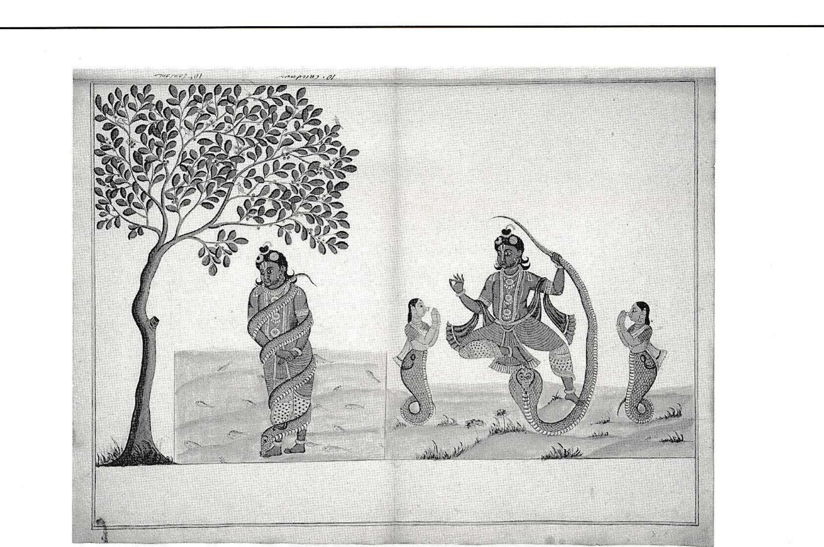 Krishna kaliyadamana tramples the naga kaliya (who then