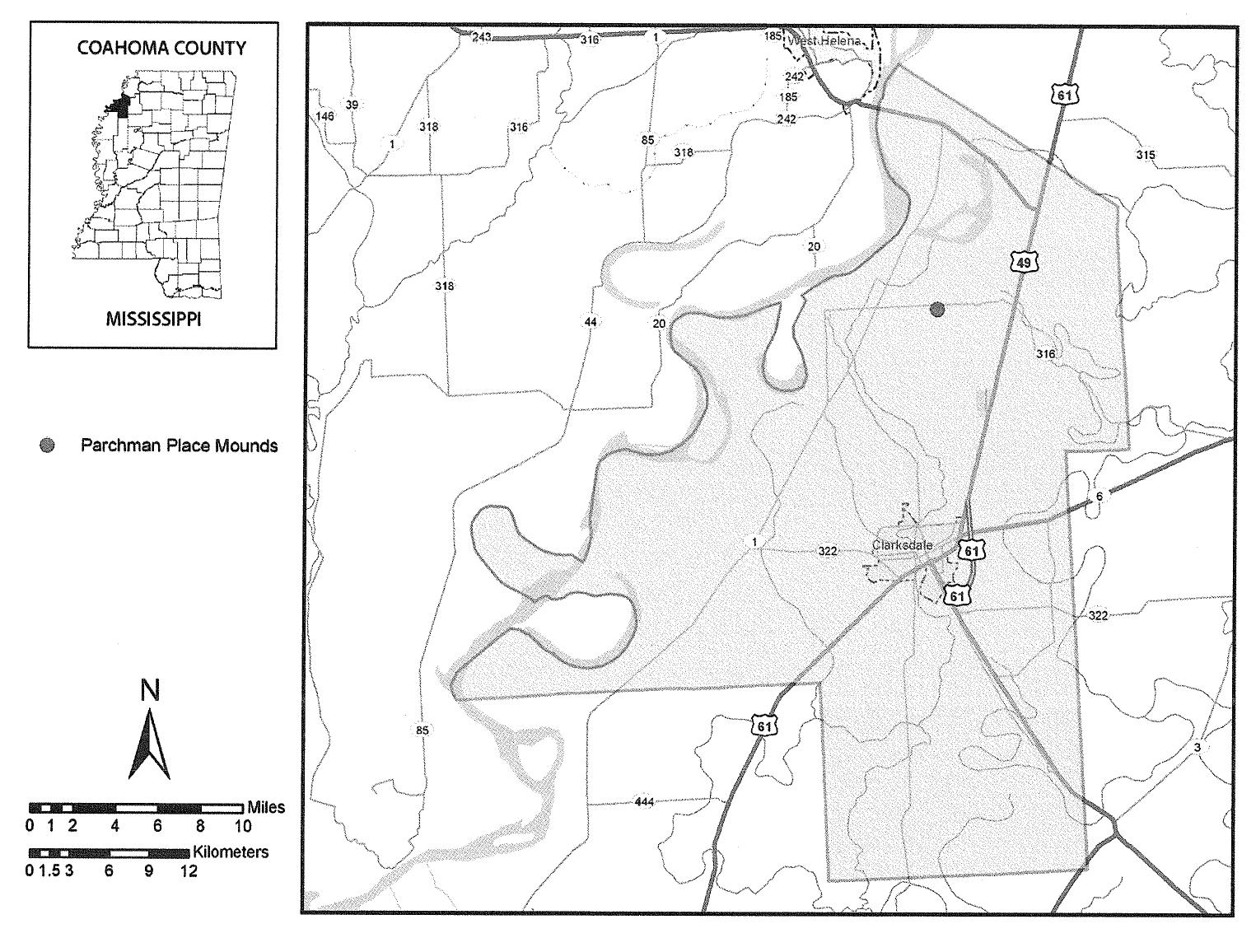 Gis map showing the location of parchman place mounds in
