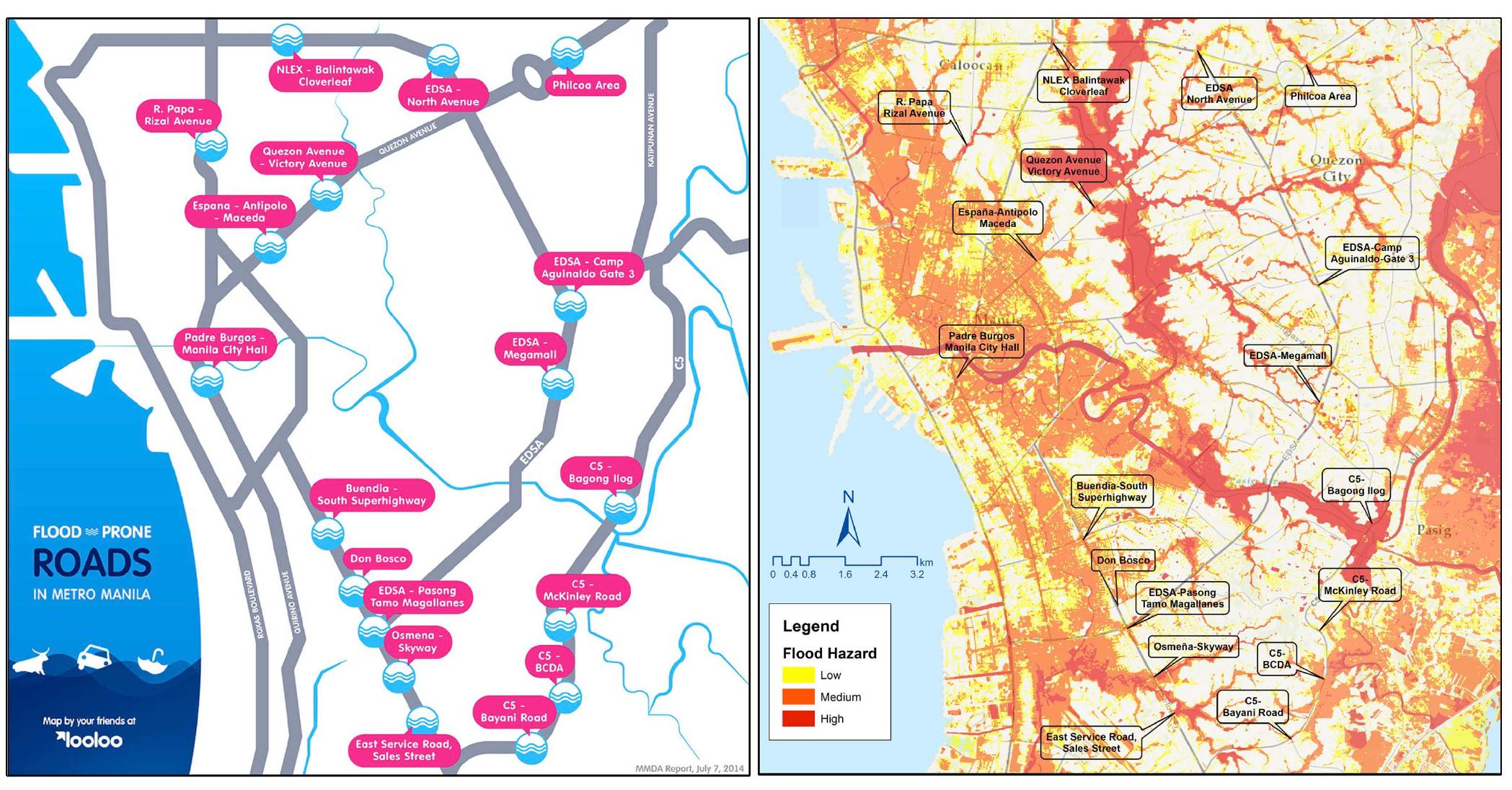 Mmda flood prone areas list as a) plotted by netizens and b)