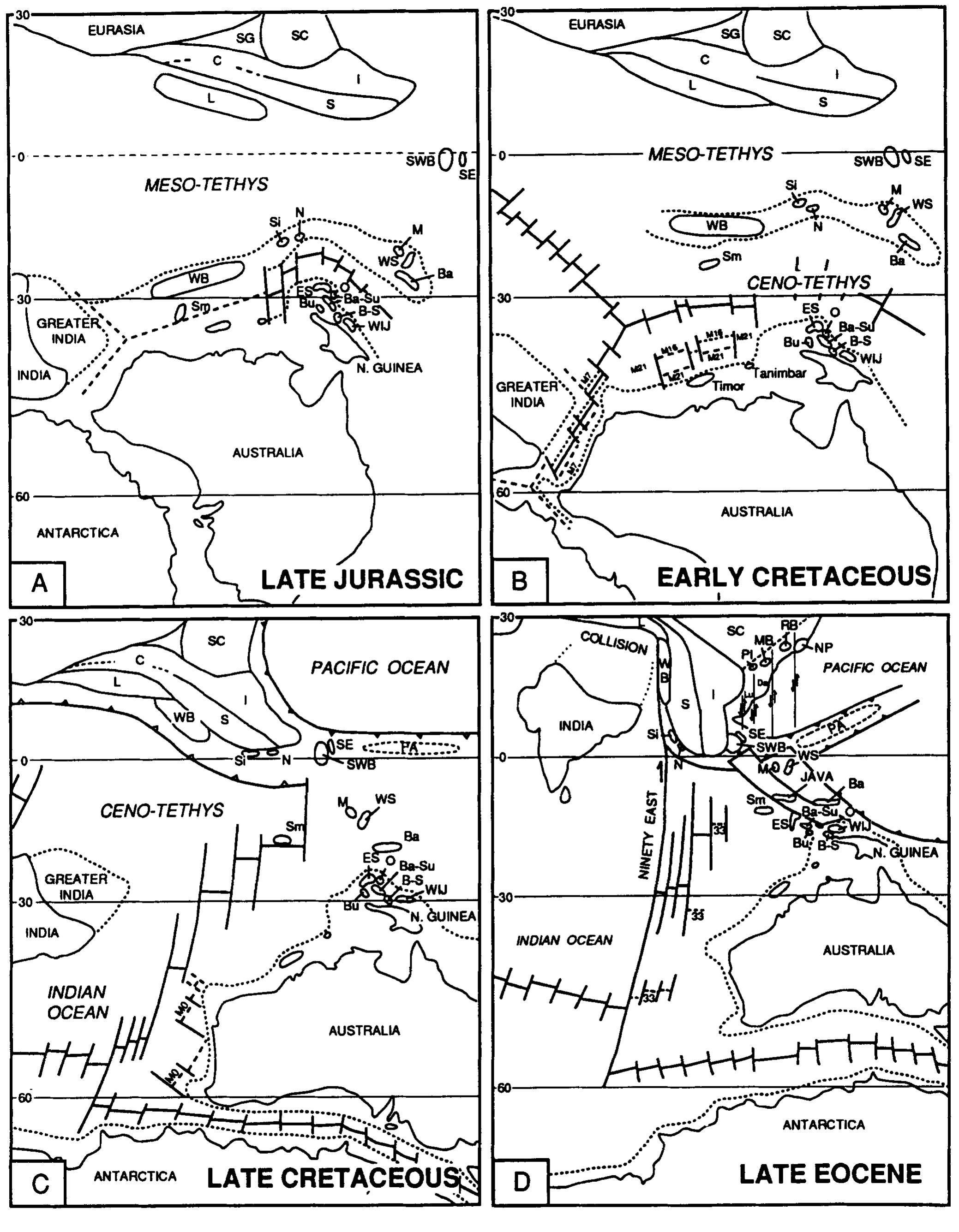 Palaeogeographic reconstructions for eastern tethys in a: