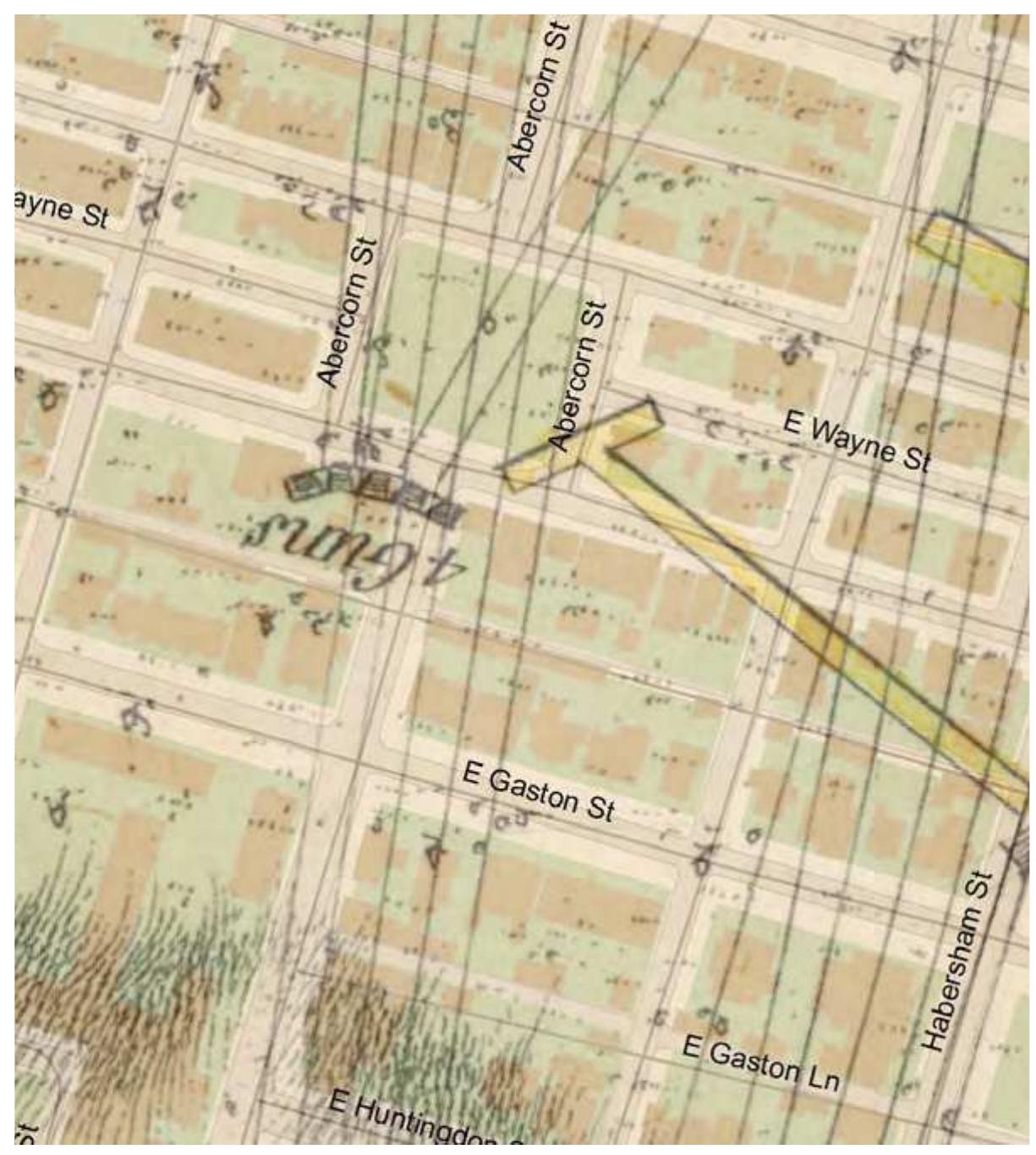 Gis overlay of faden 1784 map and modem savannah map.