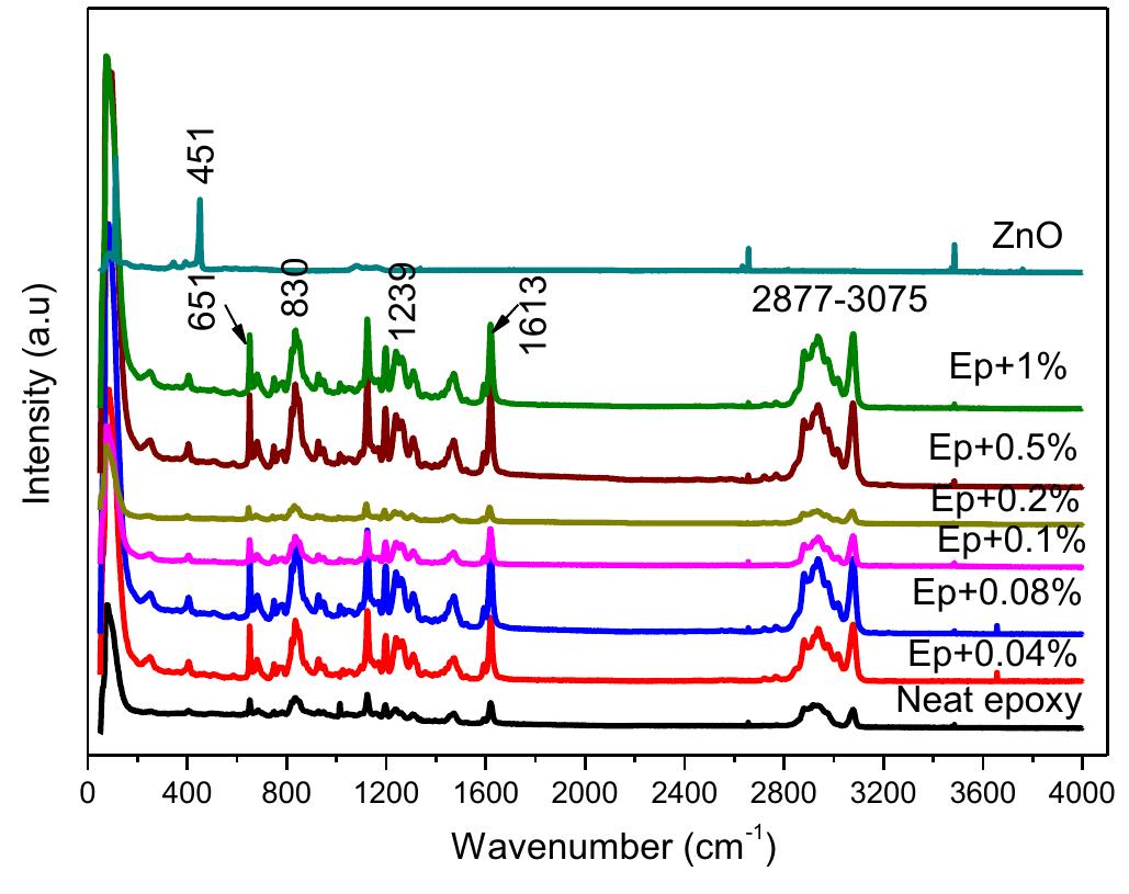 Raman spectra of zno powder, neat epoxy and zno/epoxy