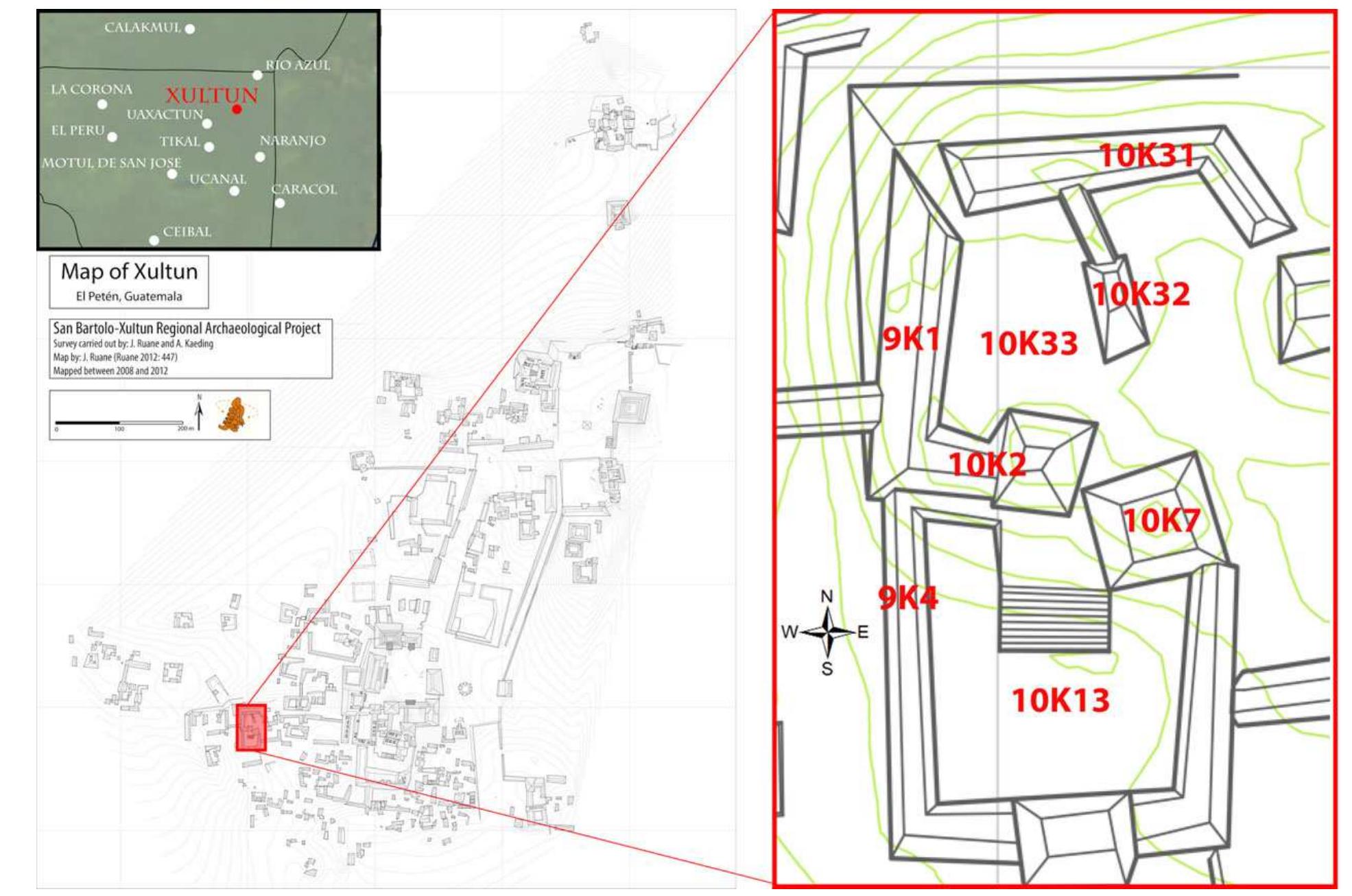 Upper left corner: map of central petén. left: map of xultun