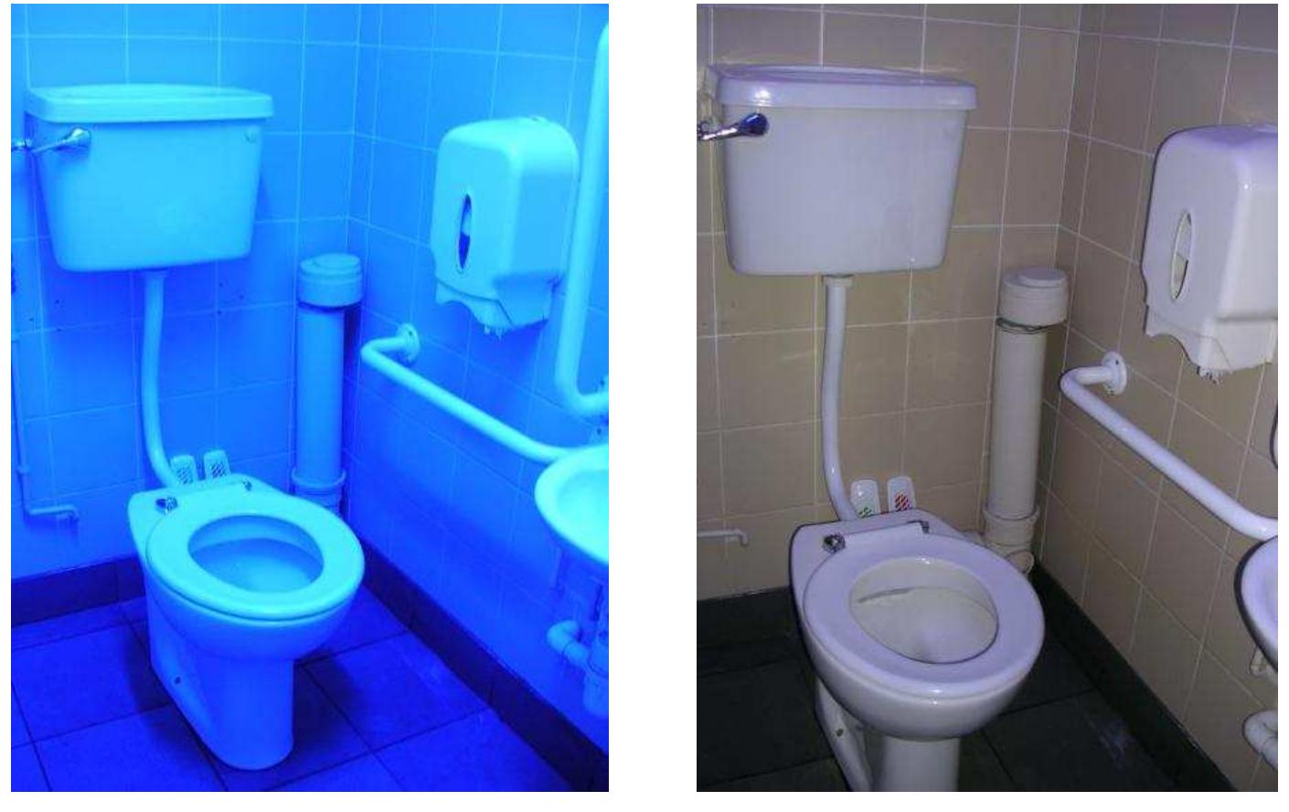 Cubicle shown with blue light on (i) and blue light off (r).