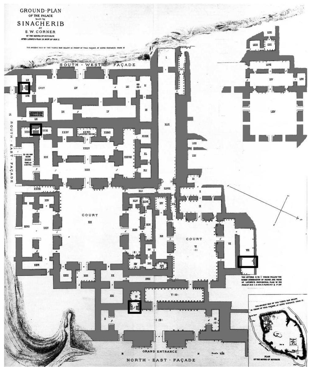 Plan of the southwest palace, nineveh, showing the locations