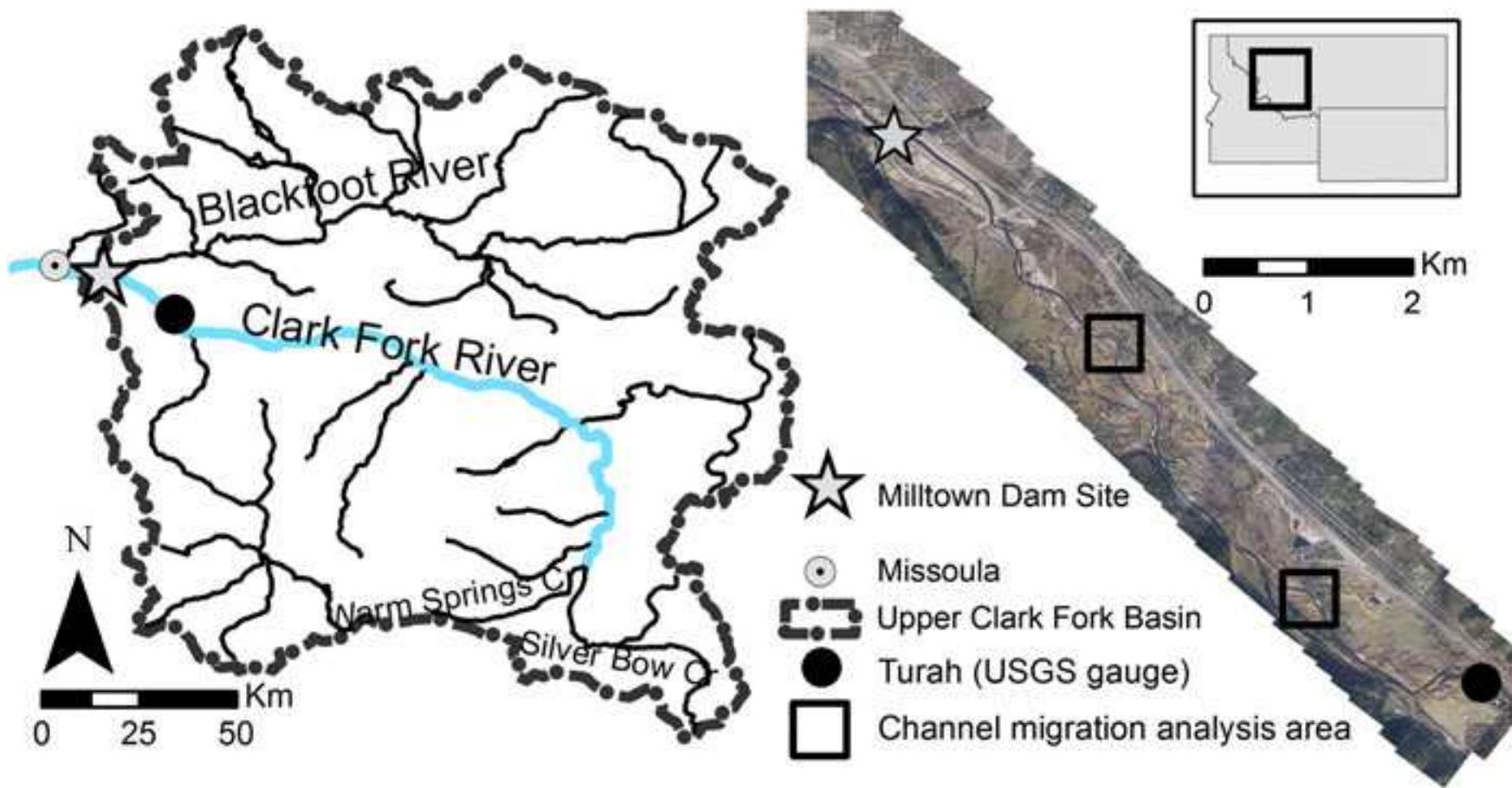 Study area map, including, on left panel, upper clark fork
