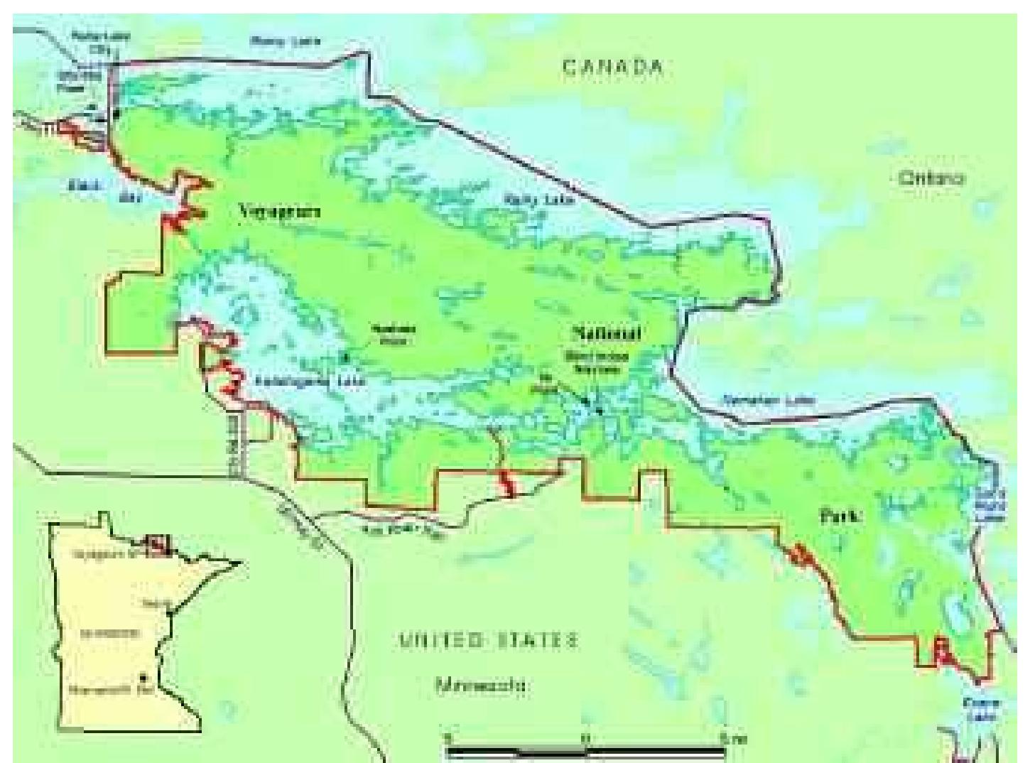 Map showing location of voyageurs national park area.