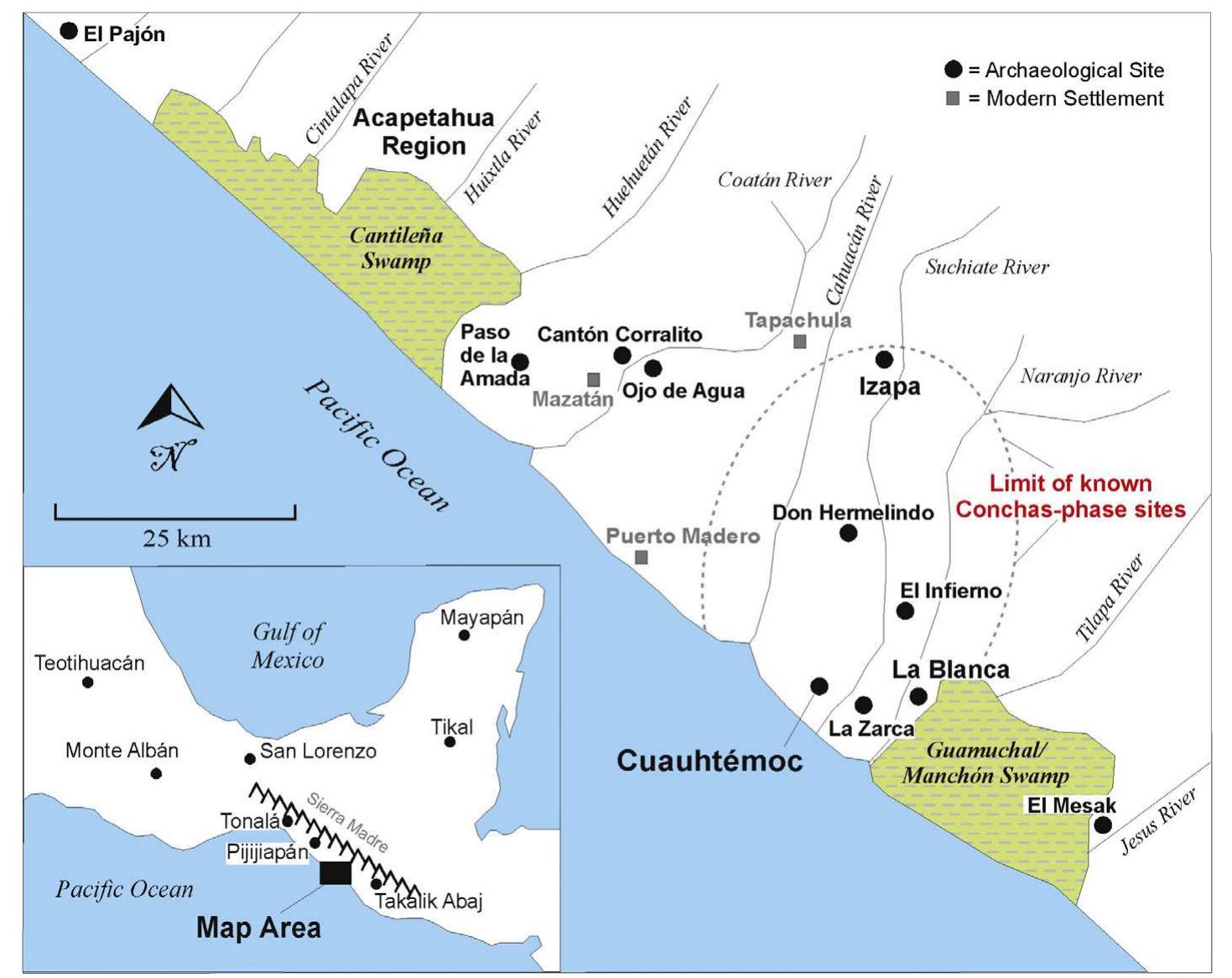 Map of mesoamerica and the soconusco with sites mentioned in