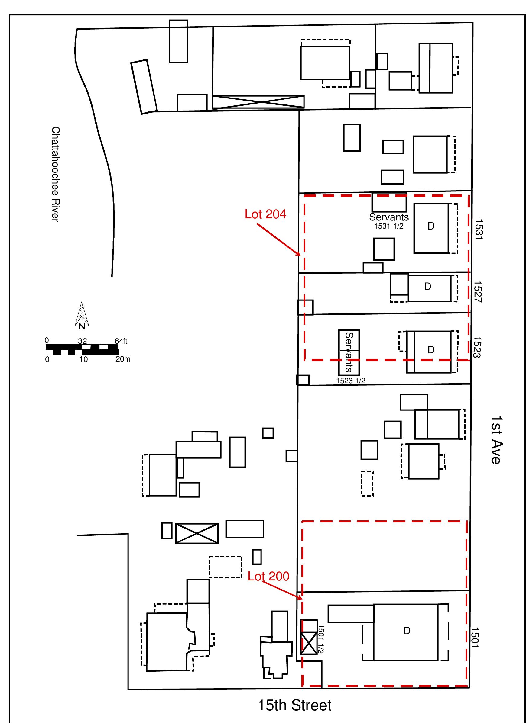 The redrawn 1889 sanborn map depicts structures on lot 200.